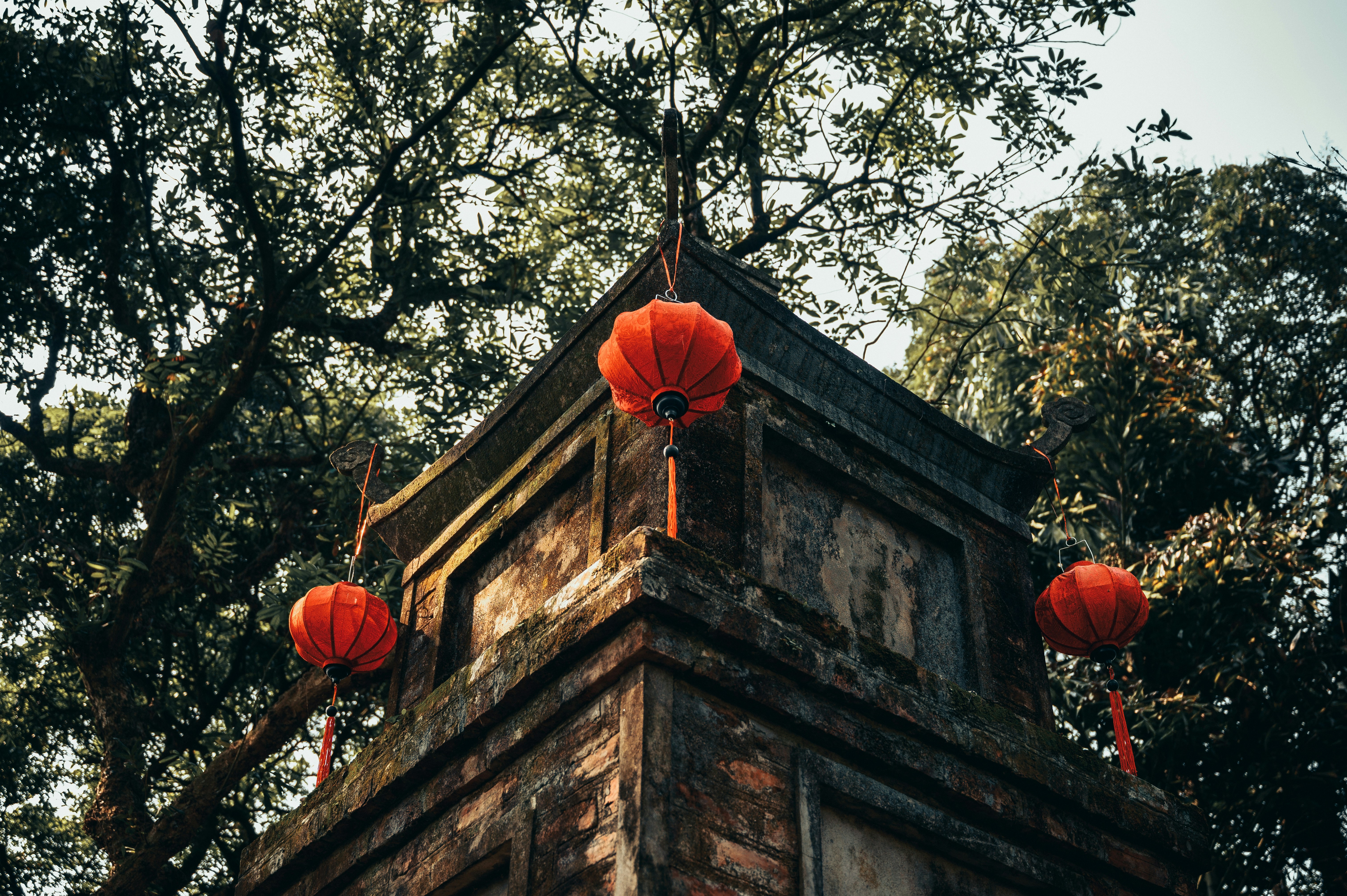 Red Lanterns Adorning an Ancient Stone Terrace