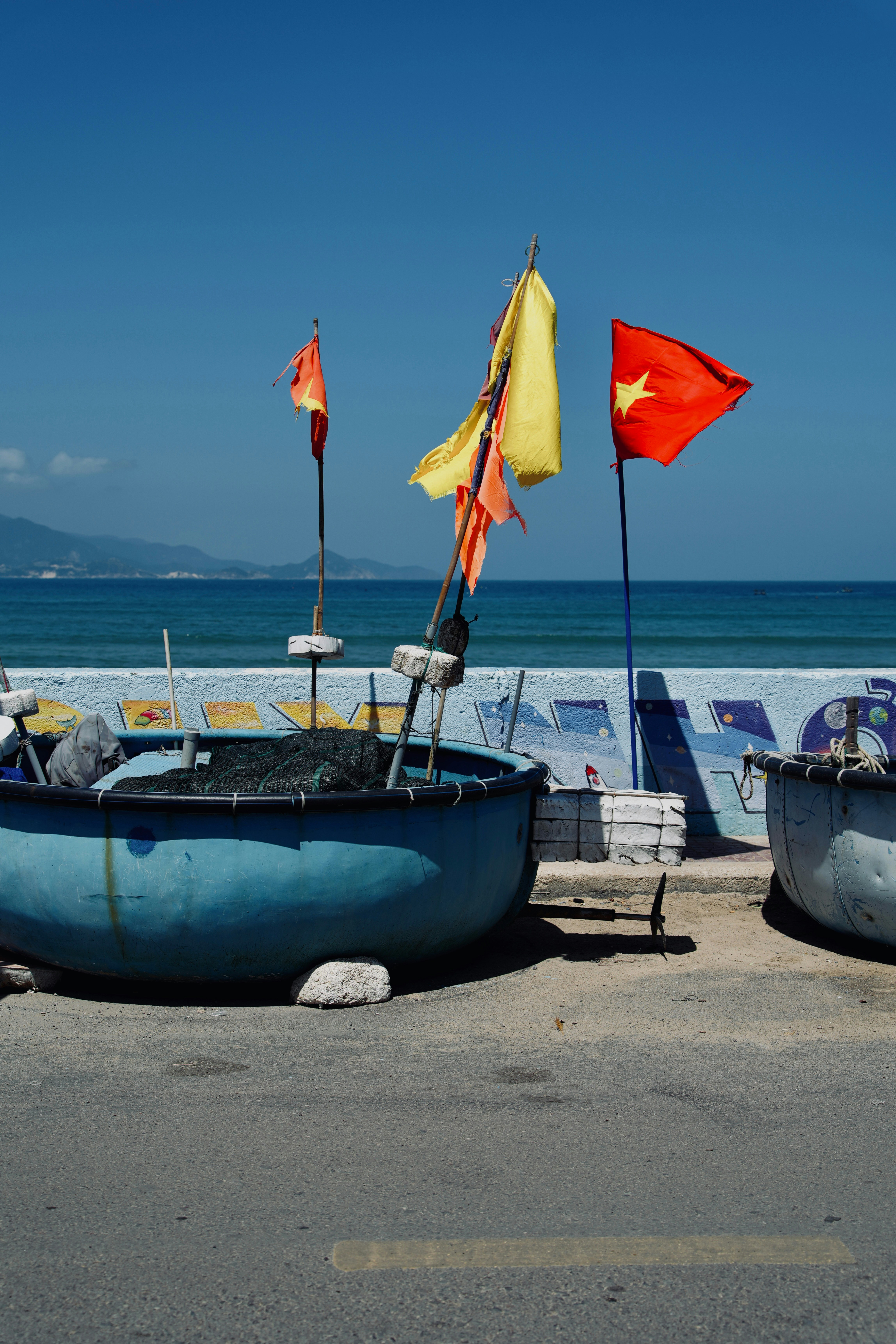 Flags on the Beach: Colorful Markers by Calm Seas