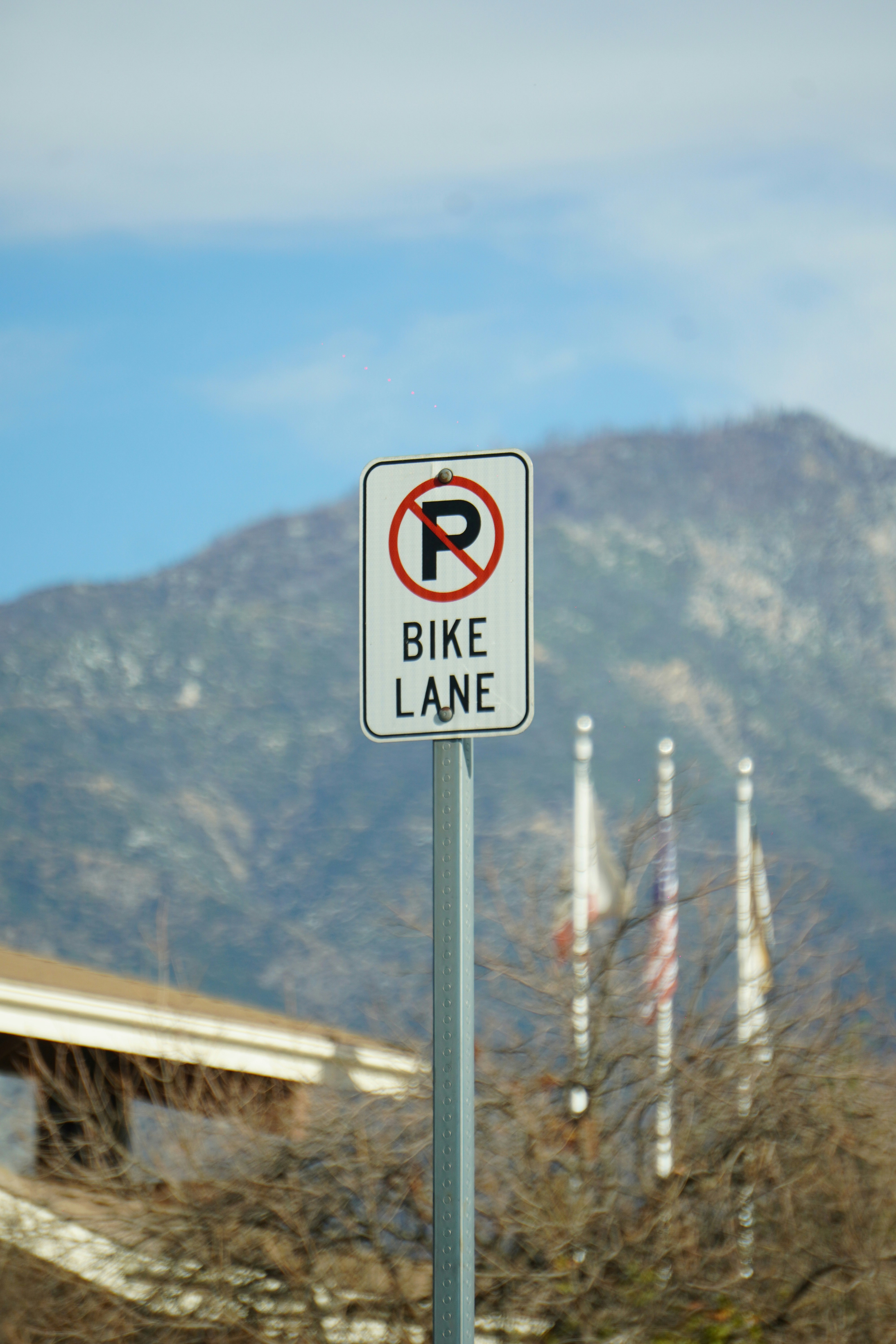 No Parking, Bike Lane Sign with Mountain Backdrop