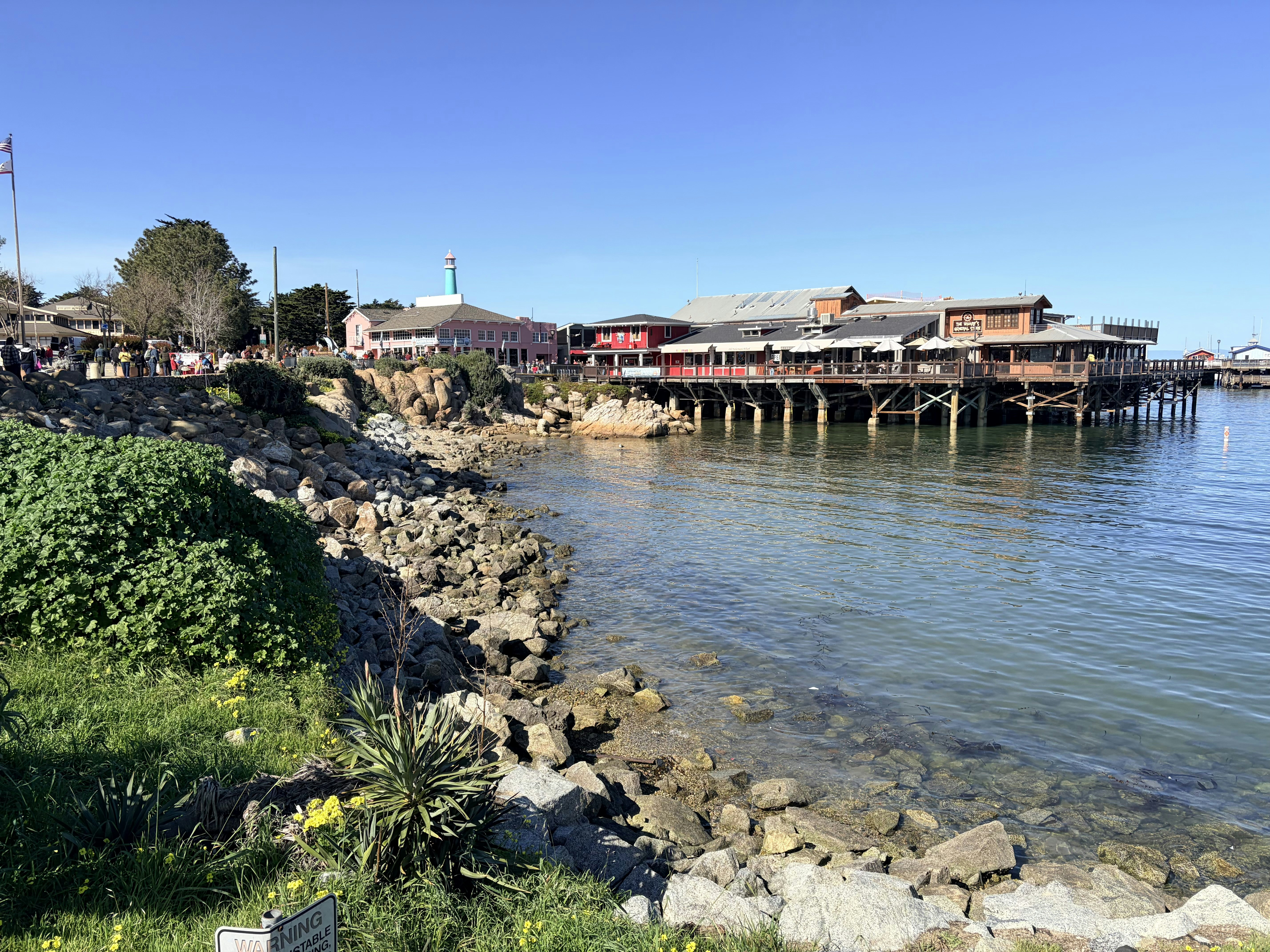 Buildings on a pier overlooking the ocean