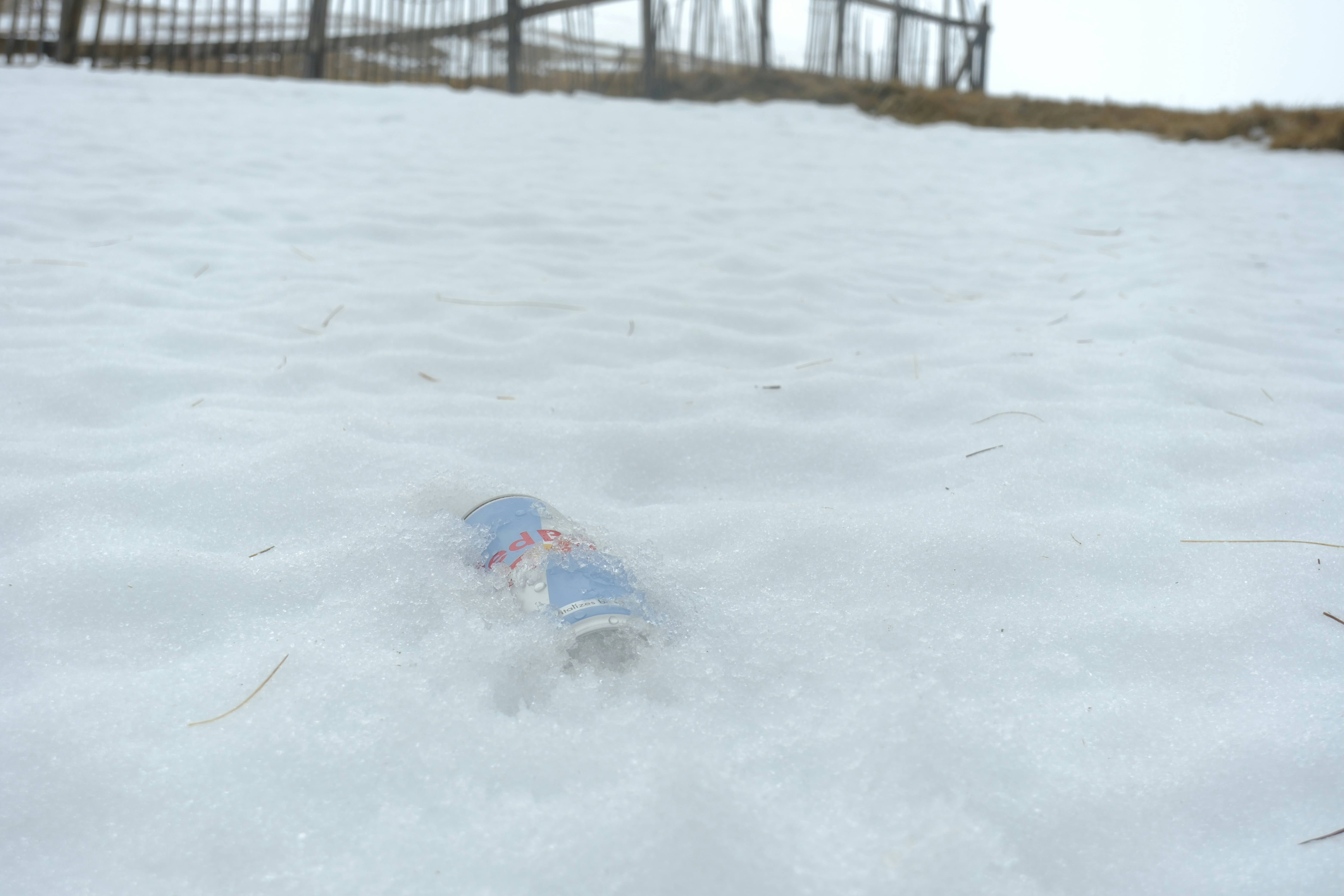 A discarded can lies in the snow.