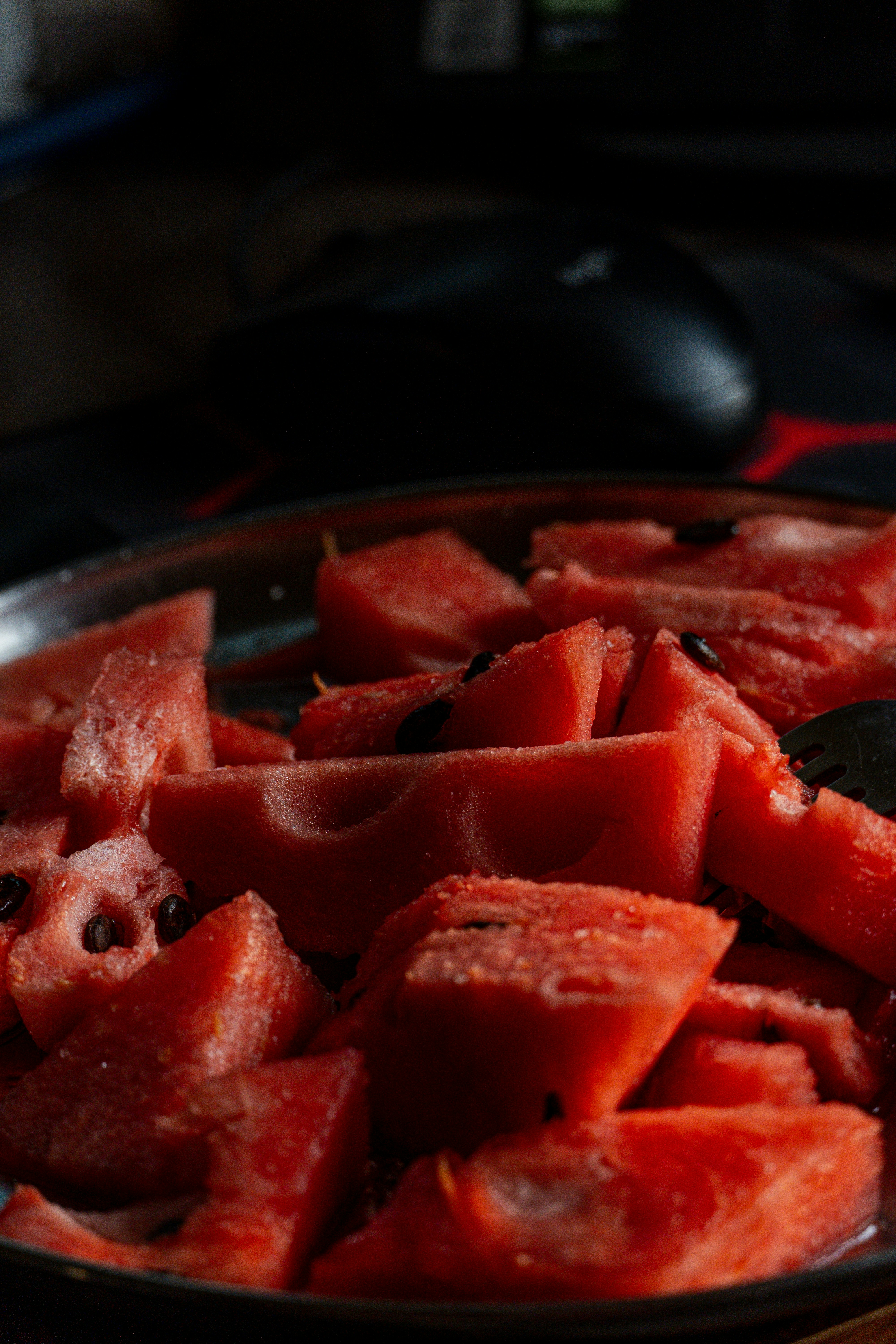 Watermelon Mosaic on a Shallow Silver Plate