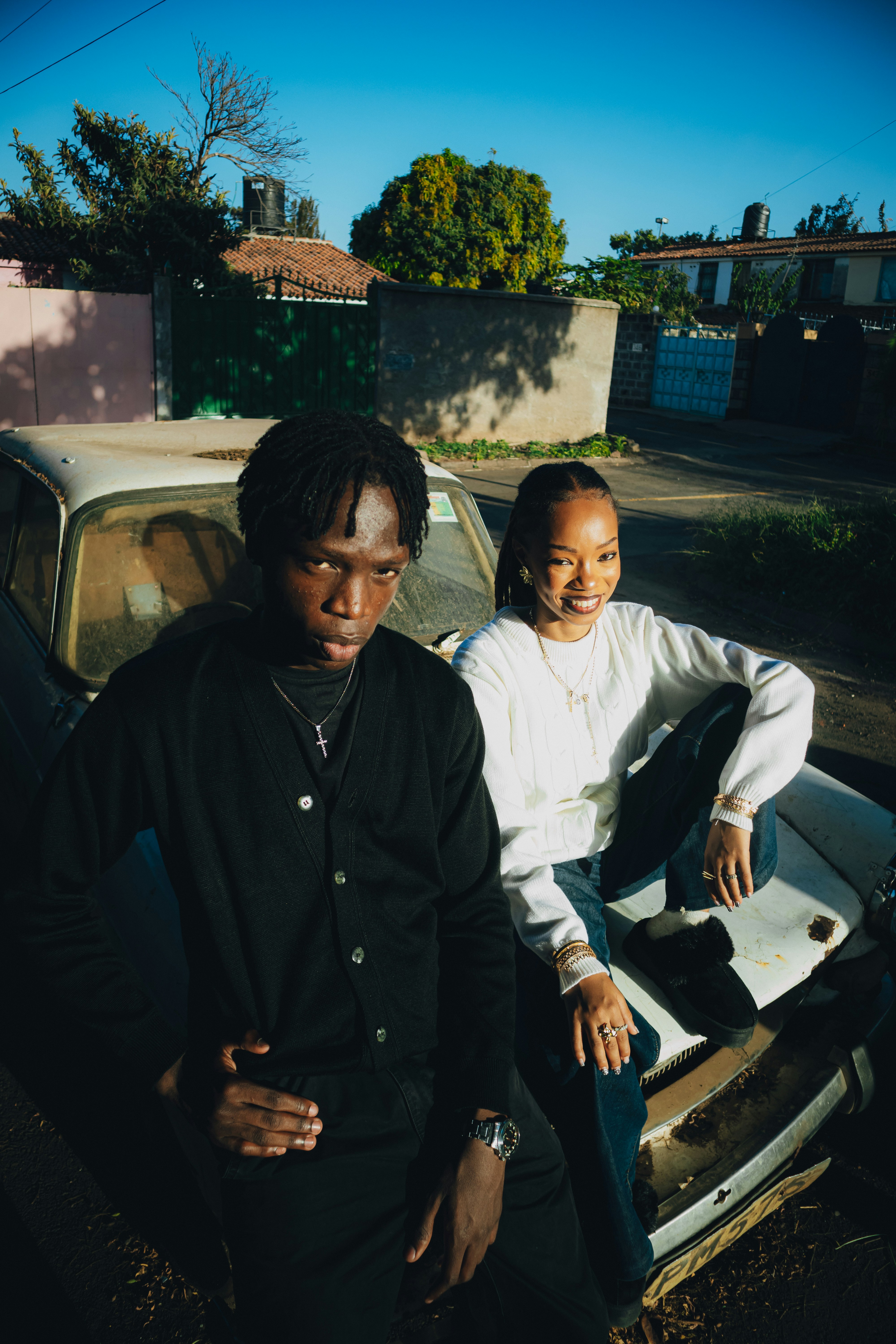 Two Friends on a Weathered Car Under a Sunny Neighborhood Sky