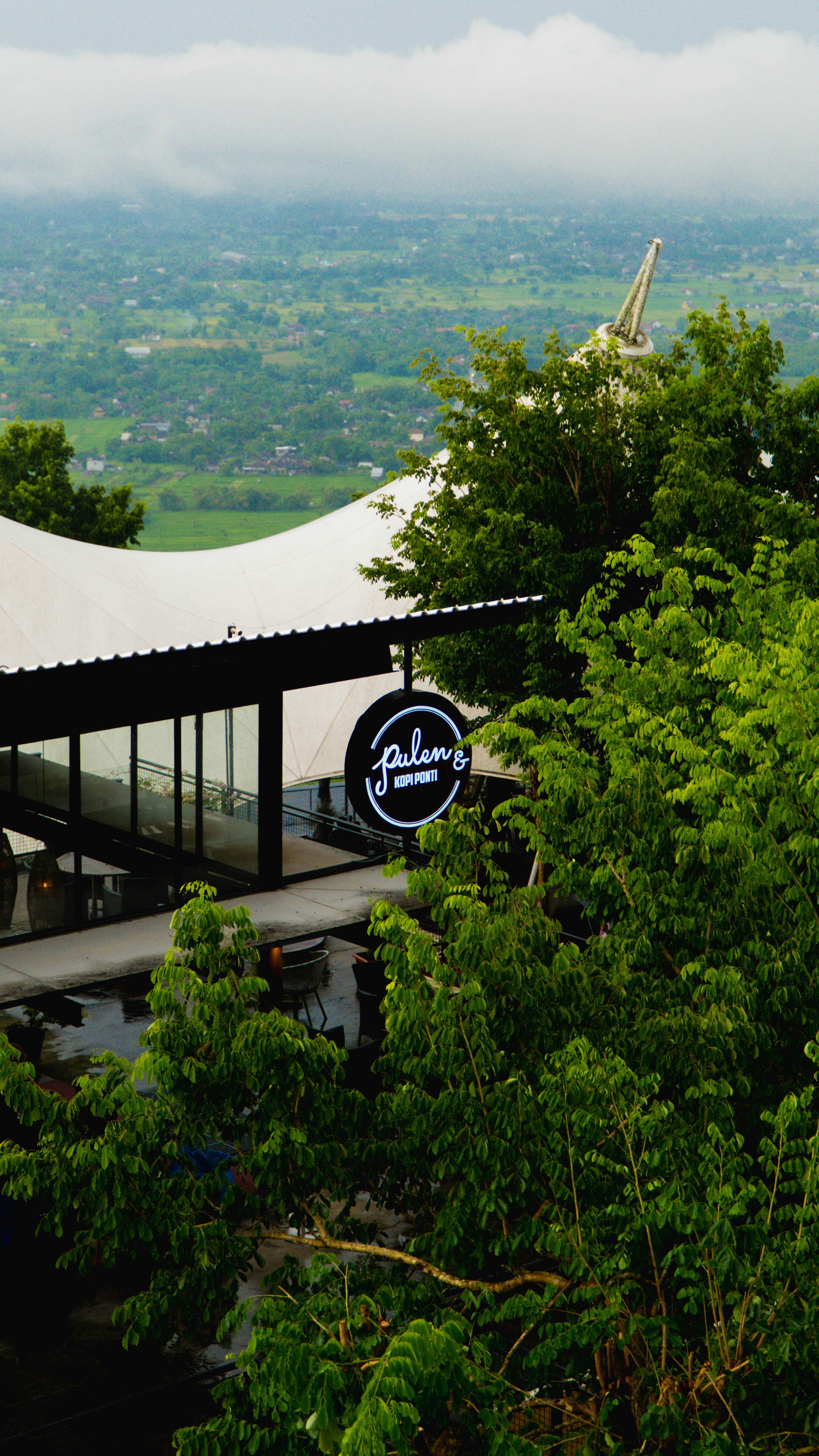 Terraced valley overlook from a cafe beneath a canopy of green