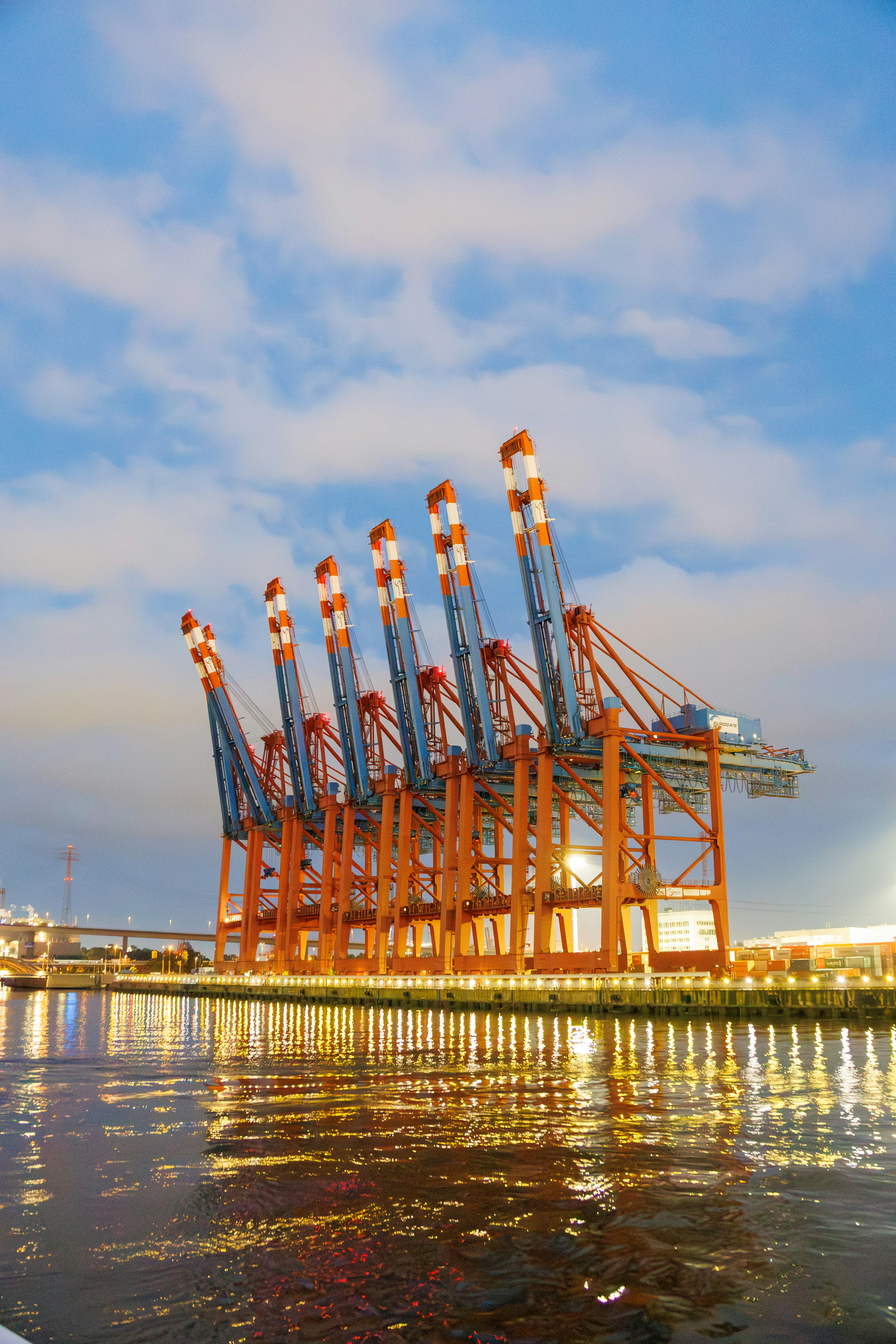 Portside Giants: A Row of Container Cranes Rising Above the Quiet Harbor