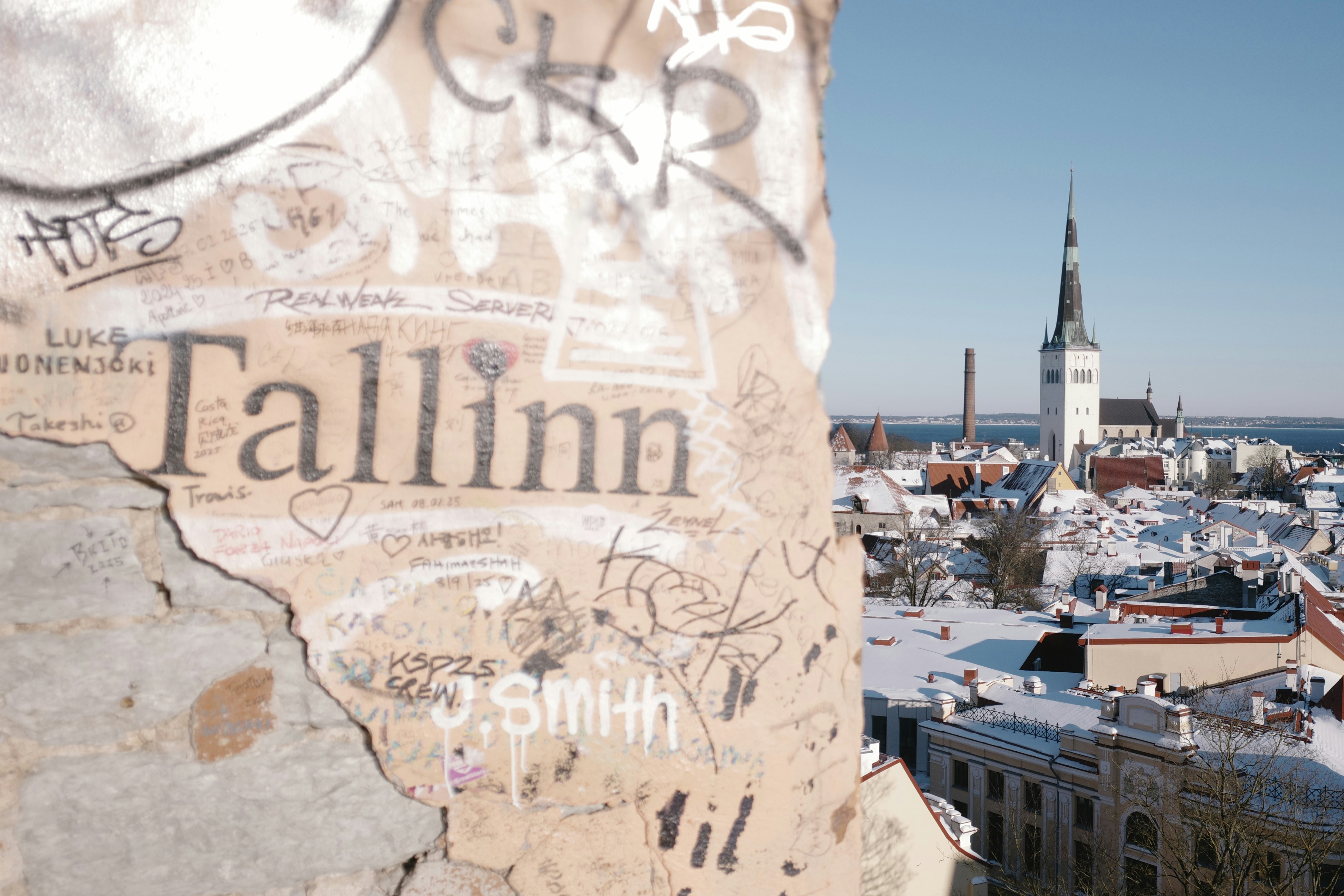 Graffiti on wall with tallinn cityscape in background