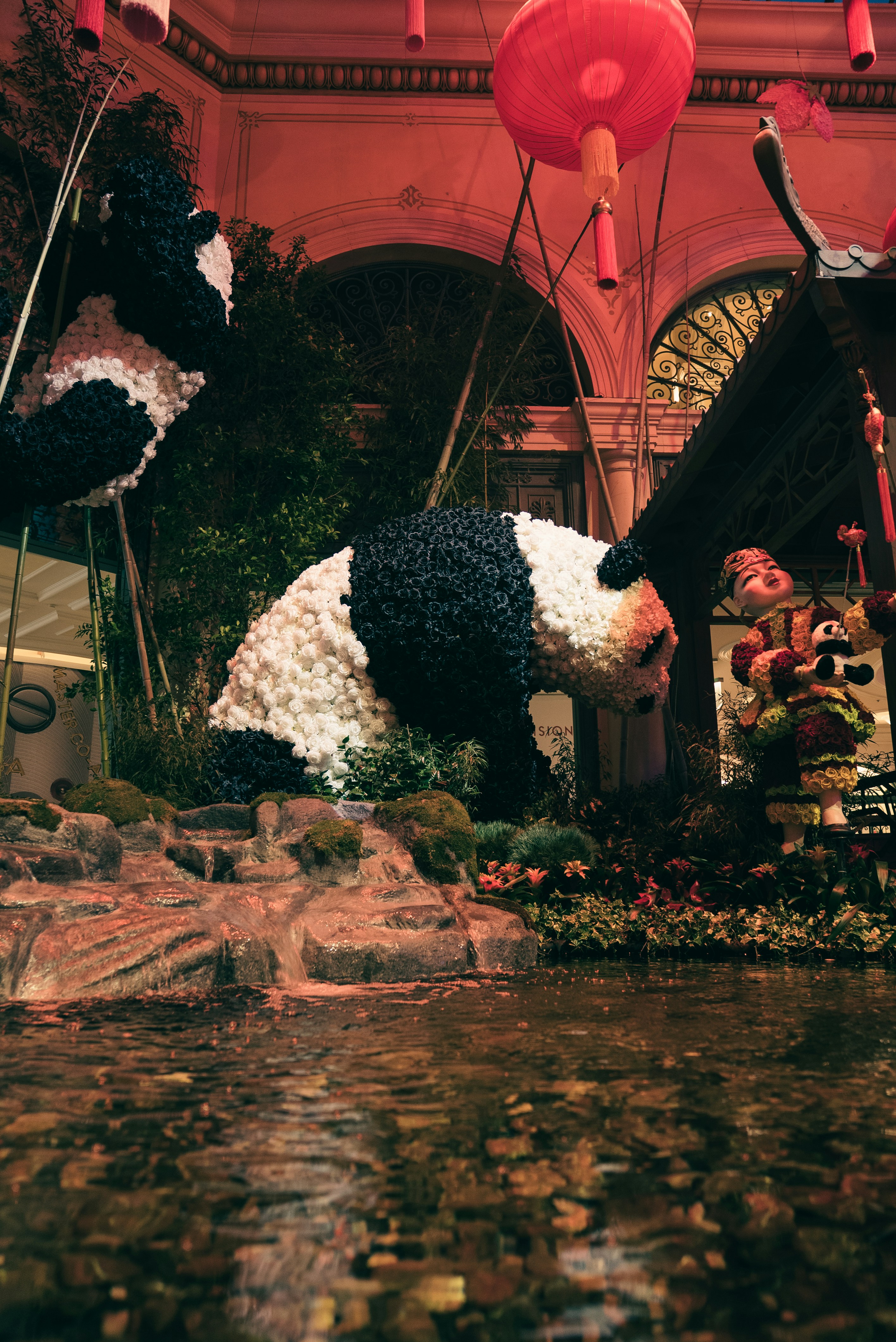 Floating Fireworks and Floral Panda at Night