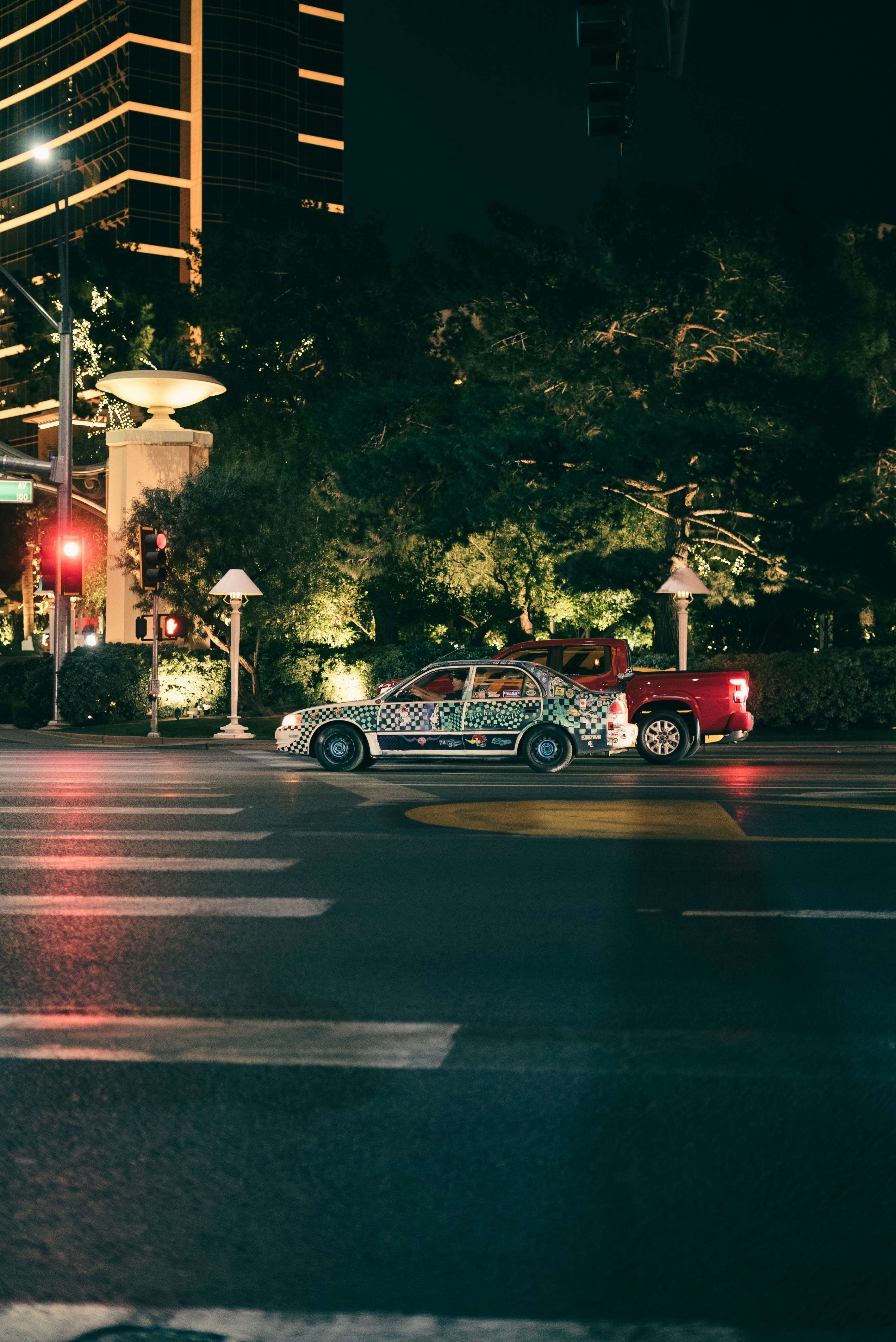 Night Cab at the Crosswalk: A City Taxi with Checkerboard Flair