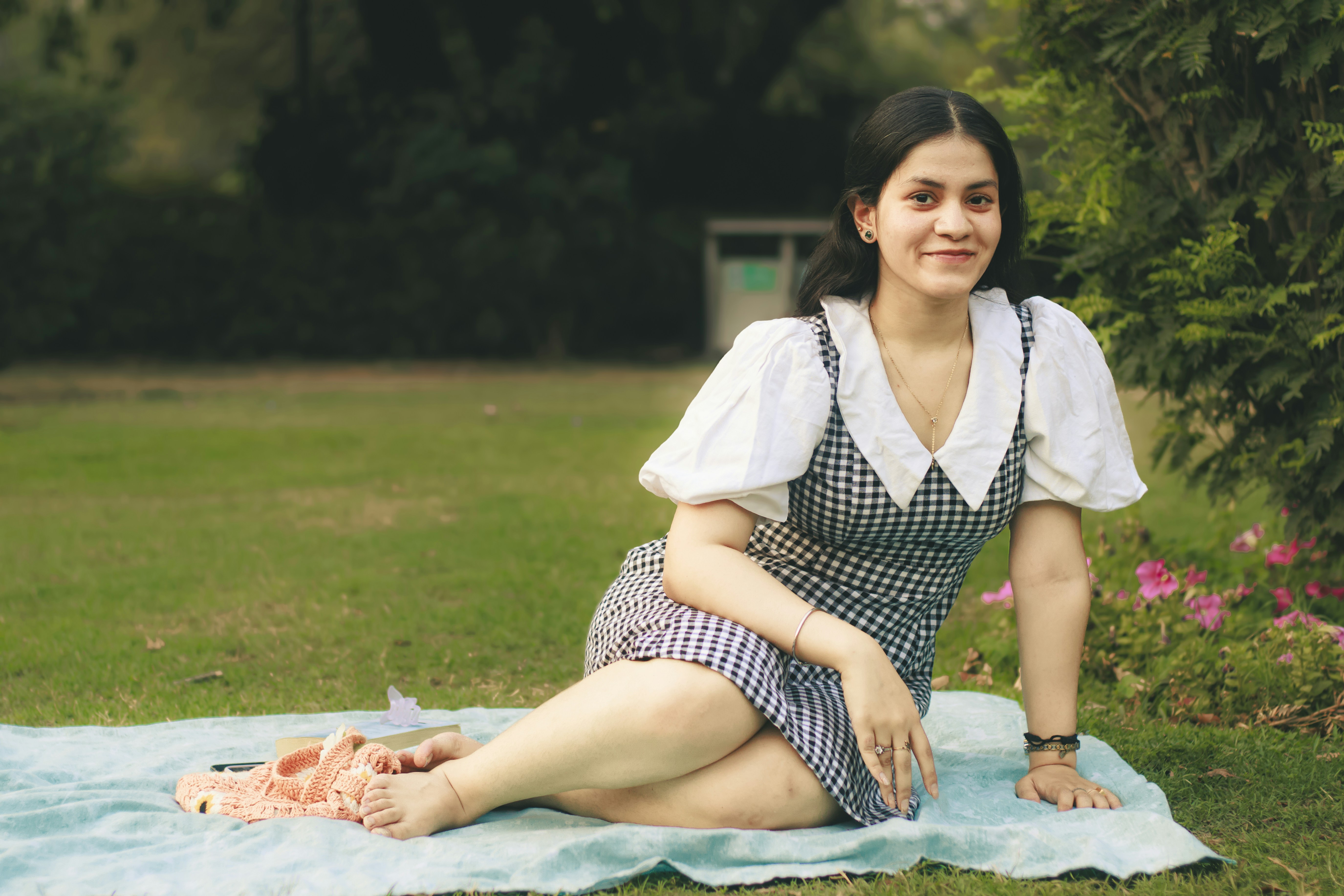 Pastel Picnic: a serene portrait on a sunlit lawn