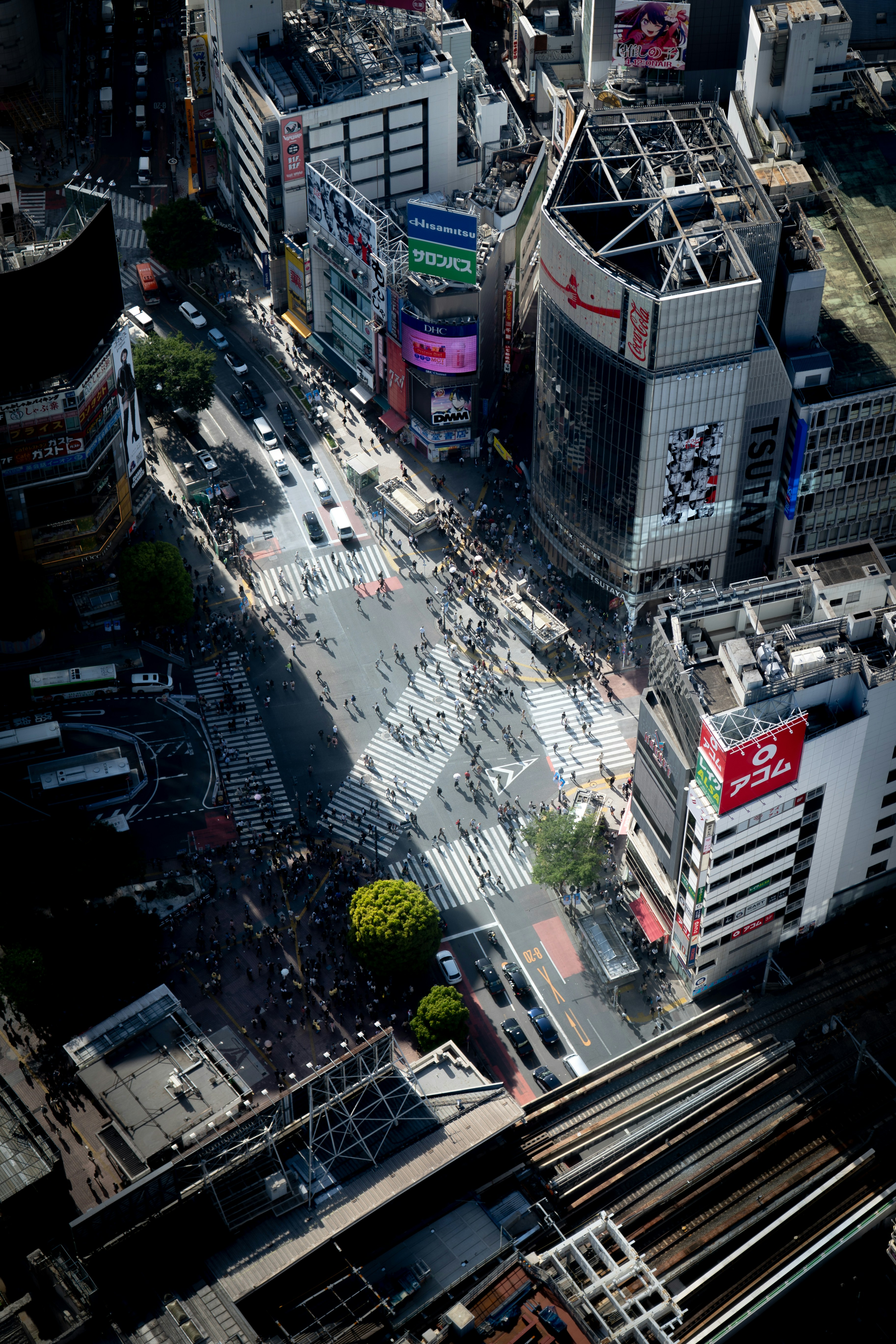Aerial Pulse: Pedestrian Crossroads Amid Neon Canvases