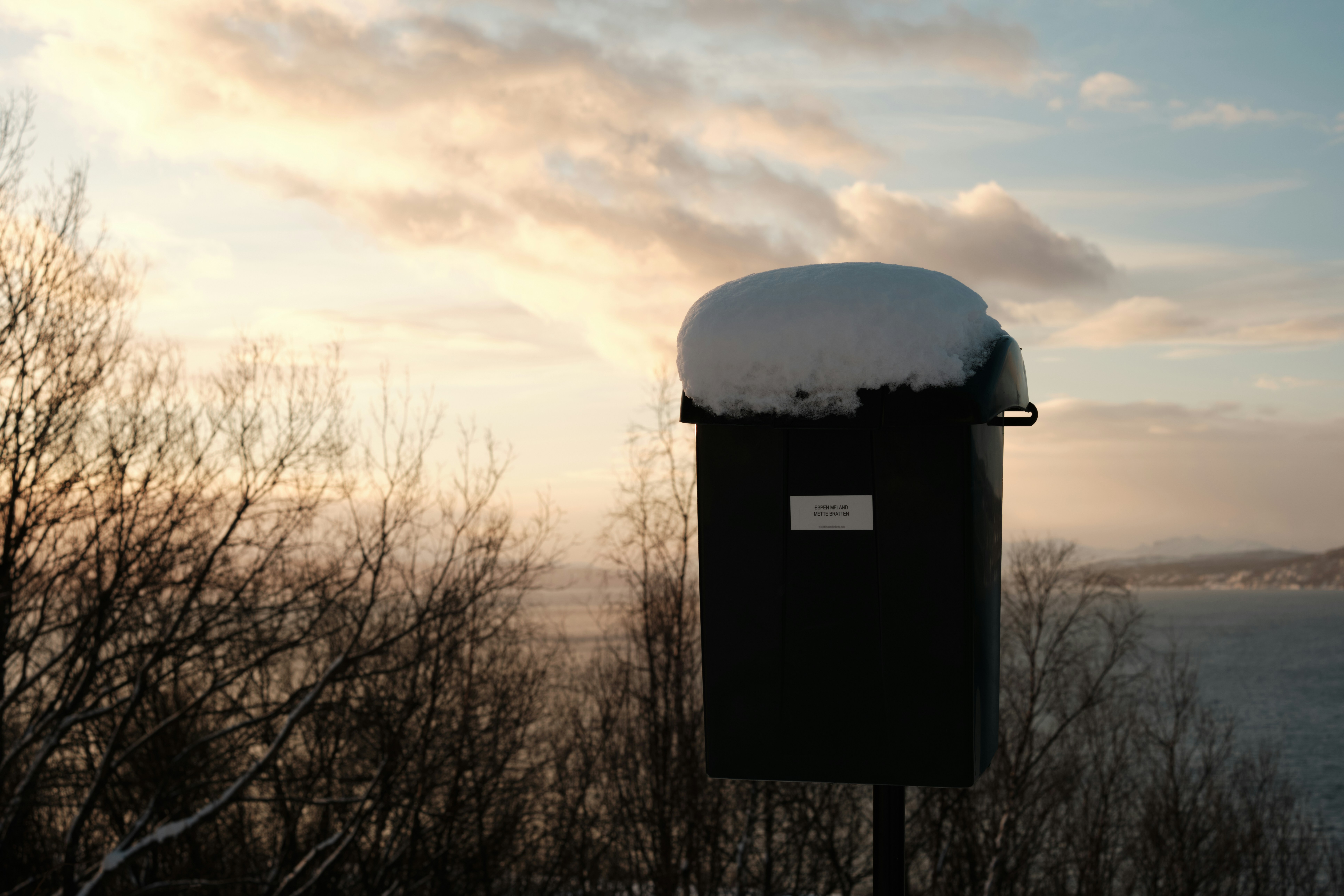 Snow-Capped Mailbox Against Distant Horizon