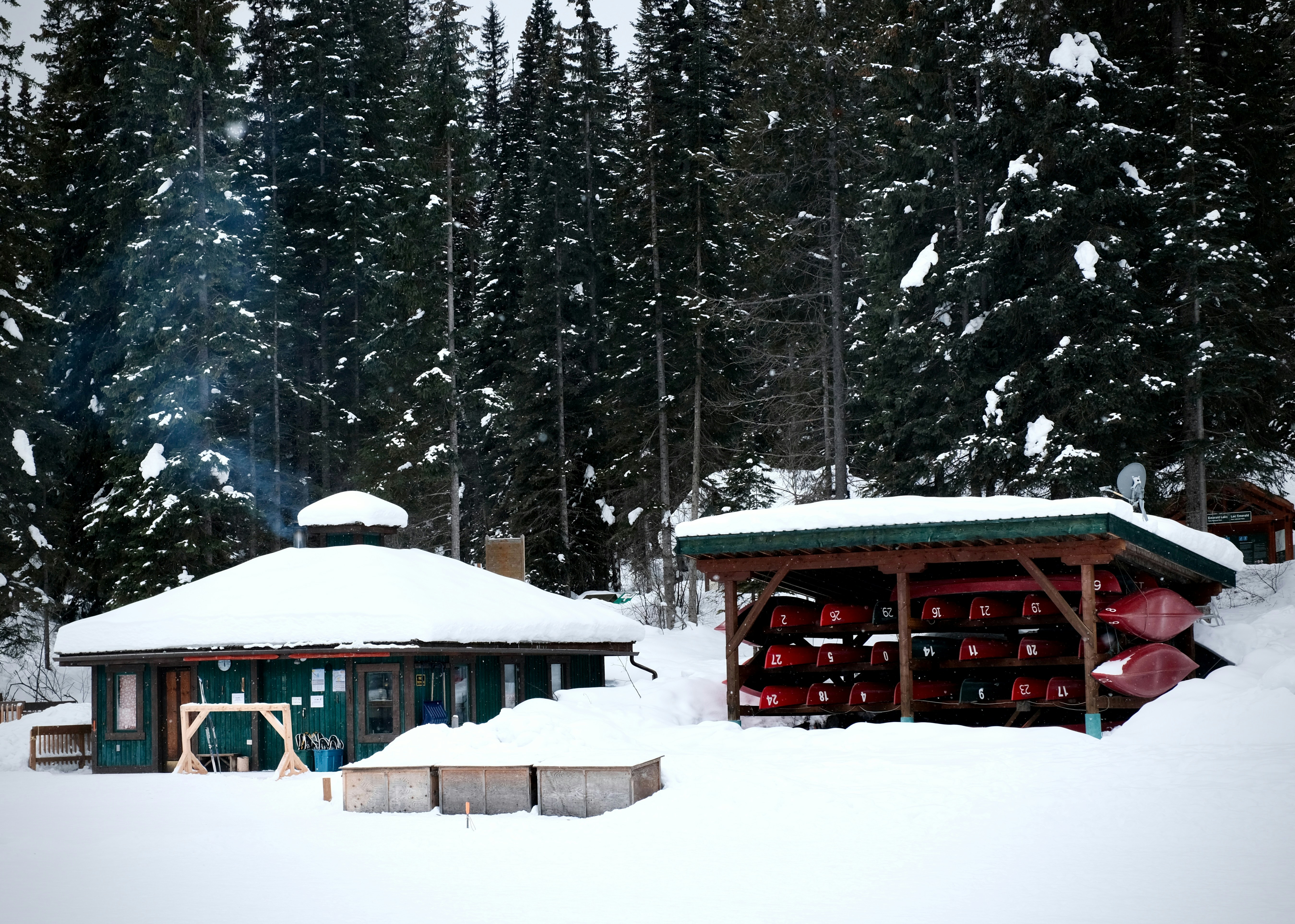 Snowbound Cabin Amidst a Quiet Pyre of Racks