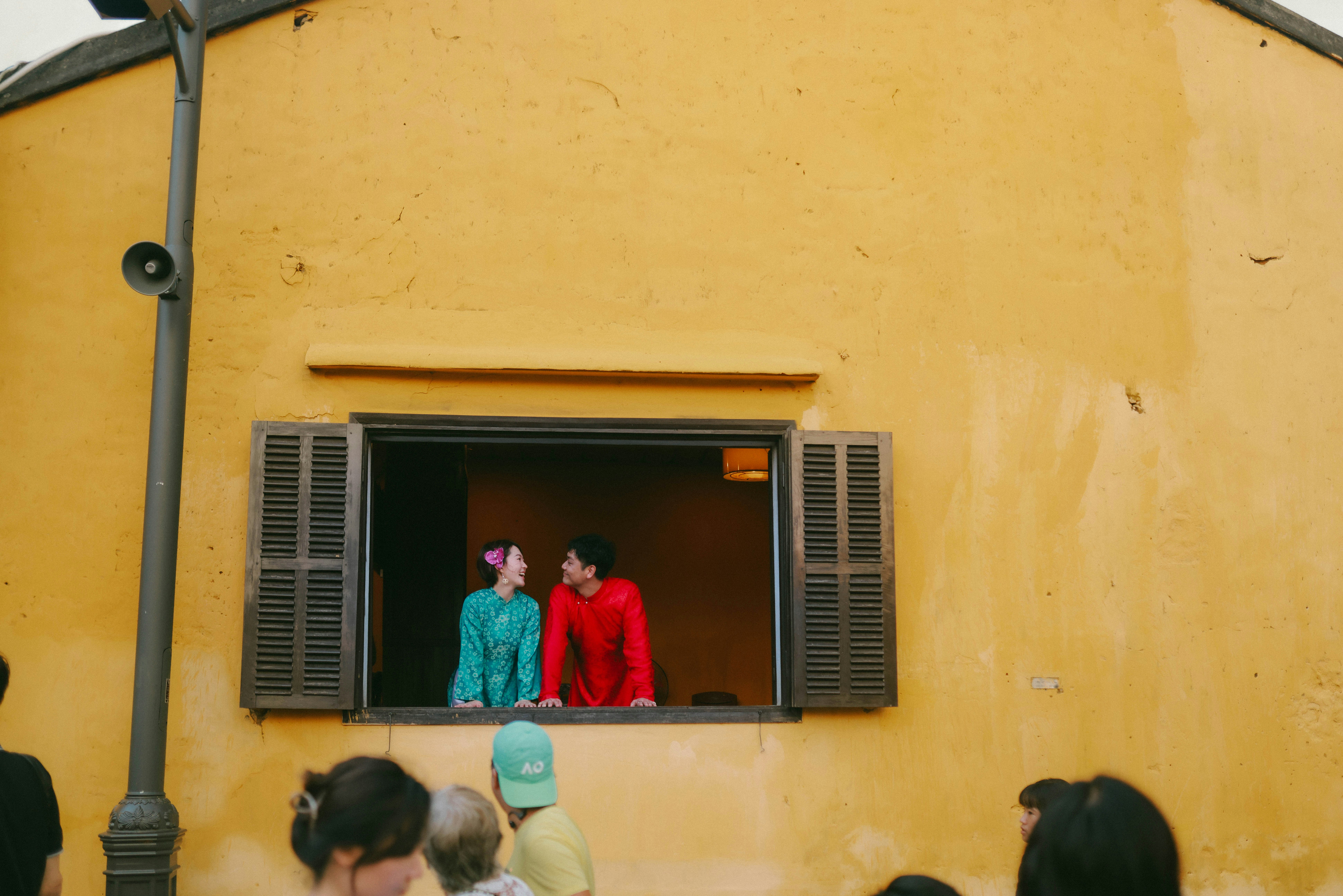 Colorful duet at a sunlit yellow window