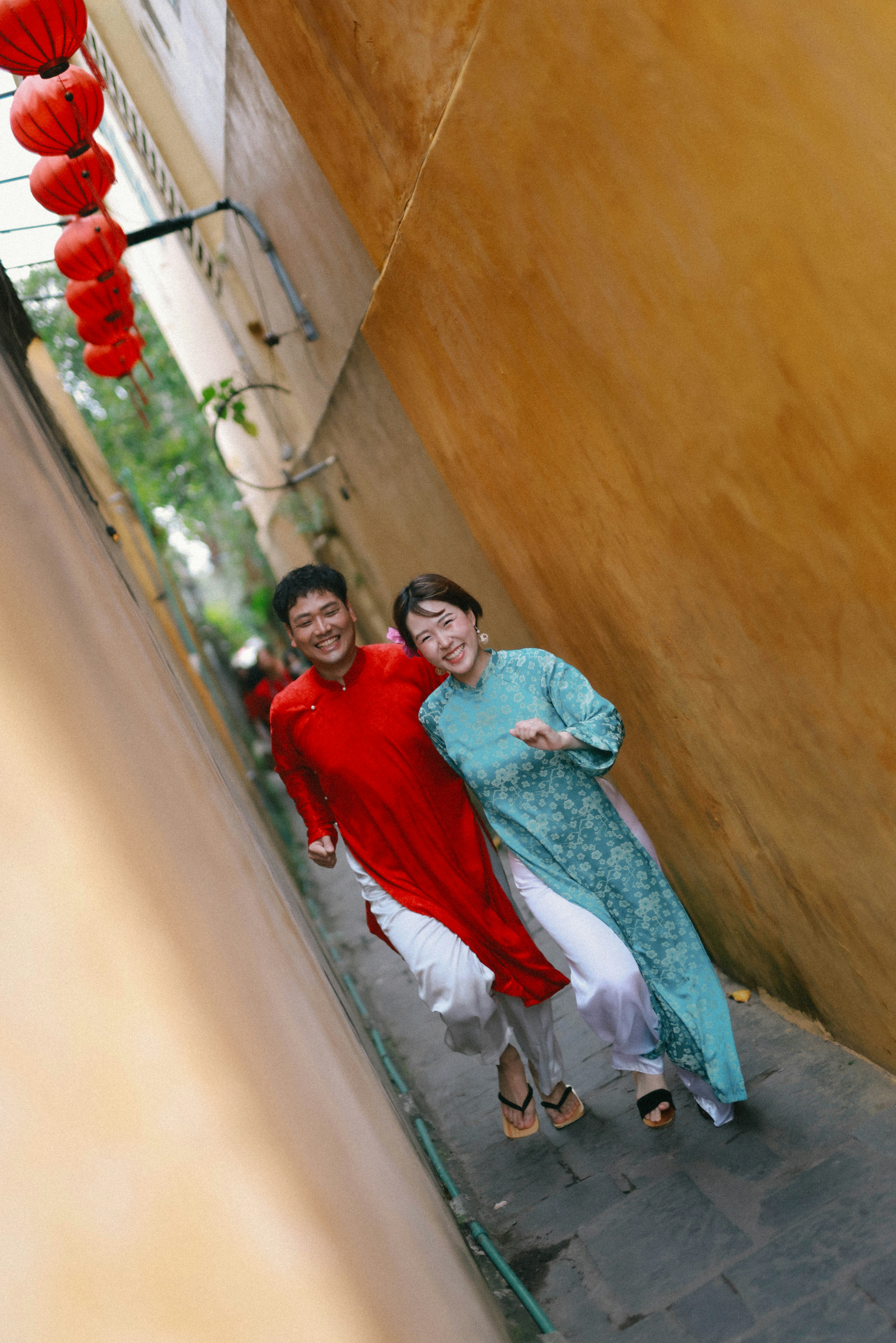 Joyful Run Through a Sunlit Alley in Red and Turquoise
