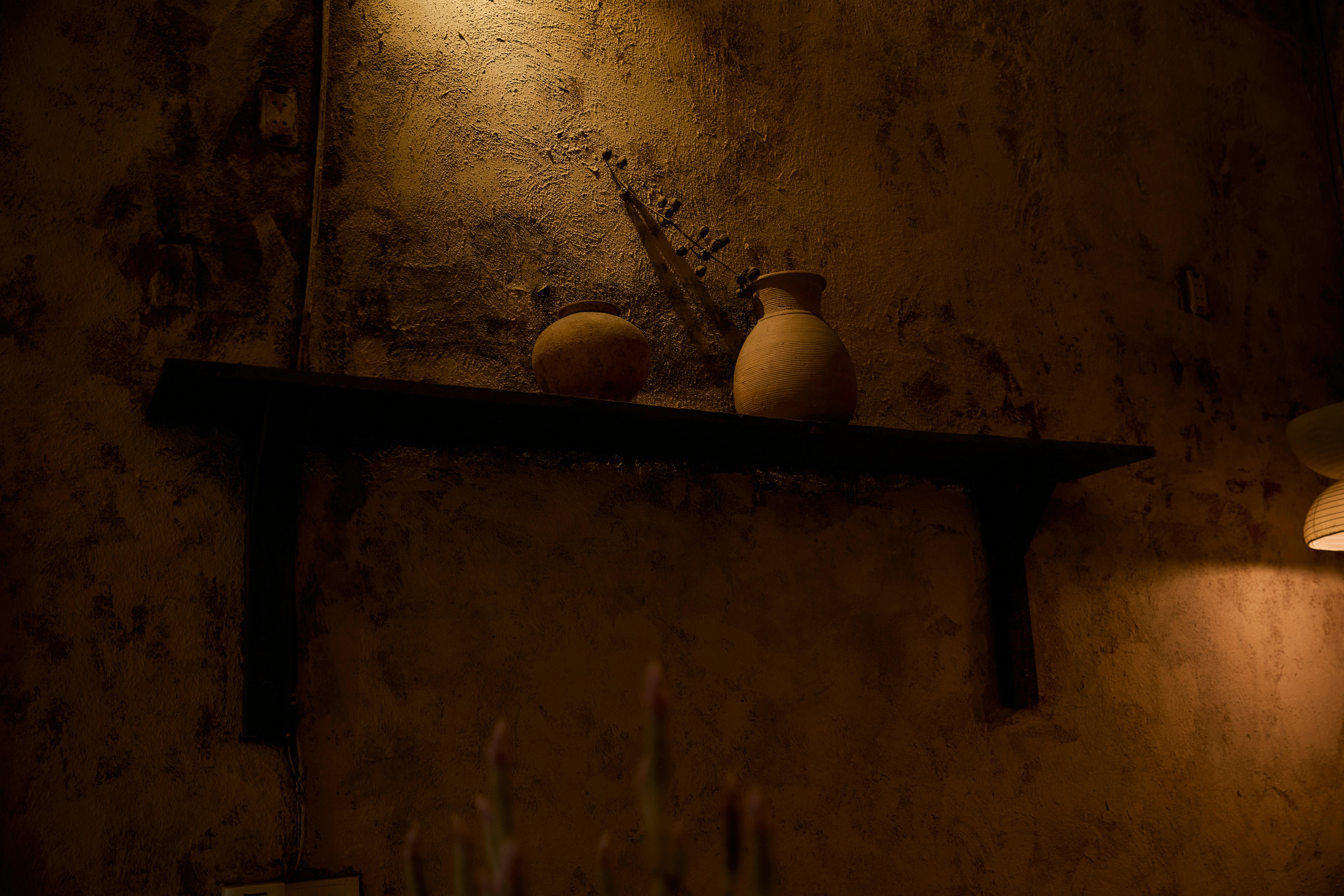 Shelf of Quiet Objects in a Dim Cellar