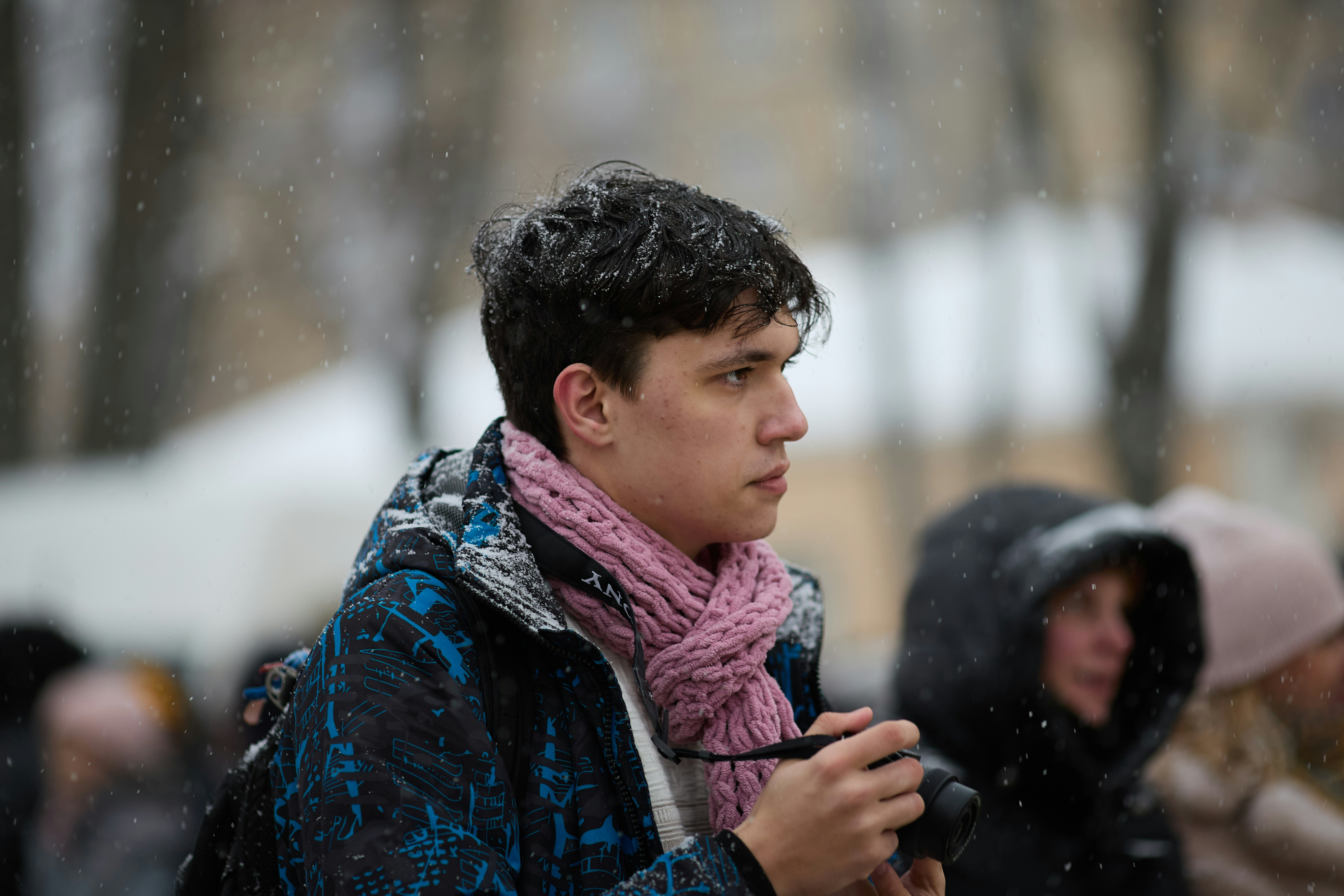 Winter Portrait in a Snowy Crowd