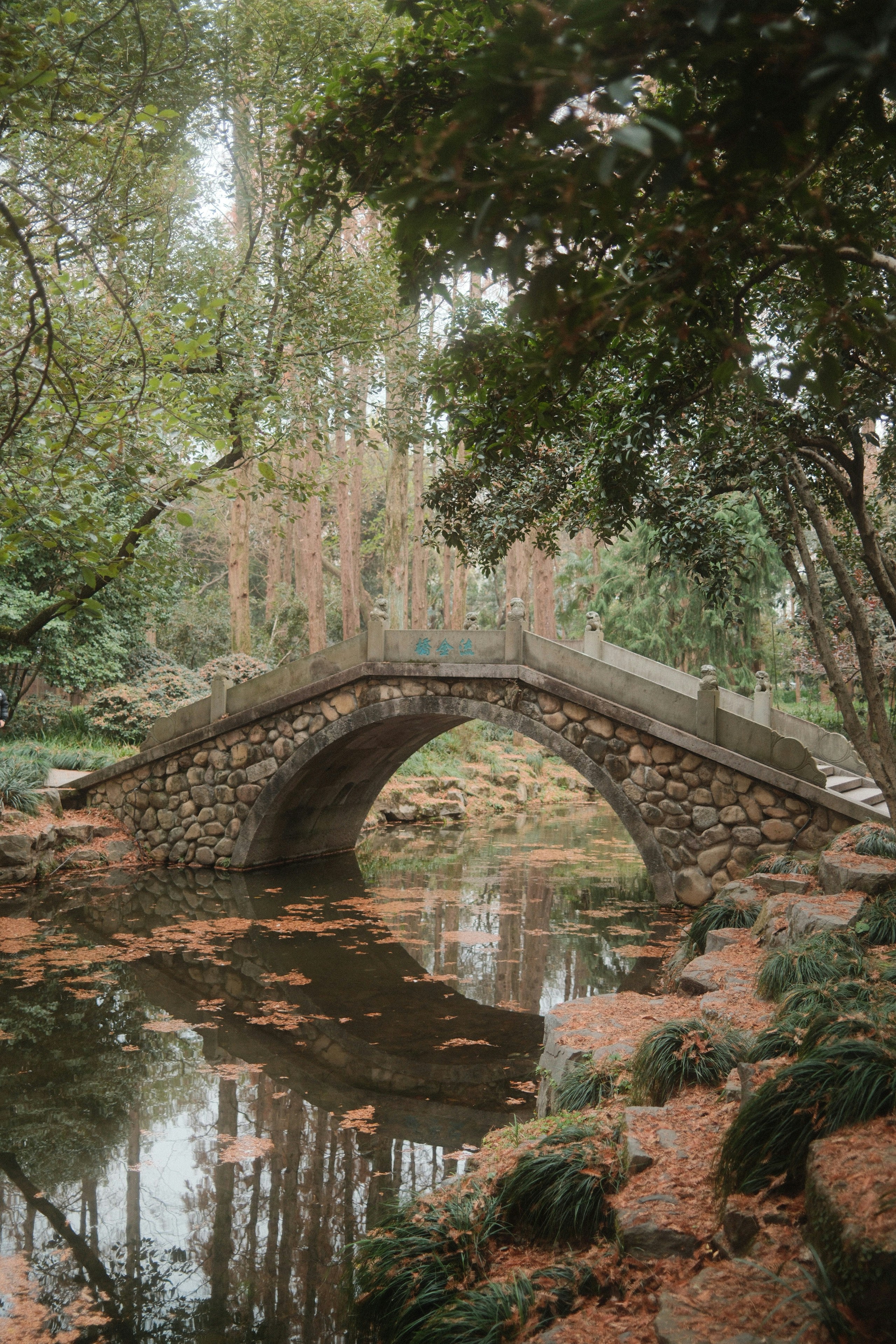 Stone Bridge over Quiet Pond in a Shaded Garden