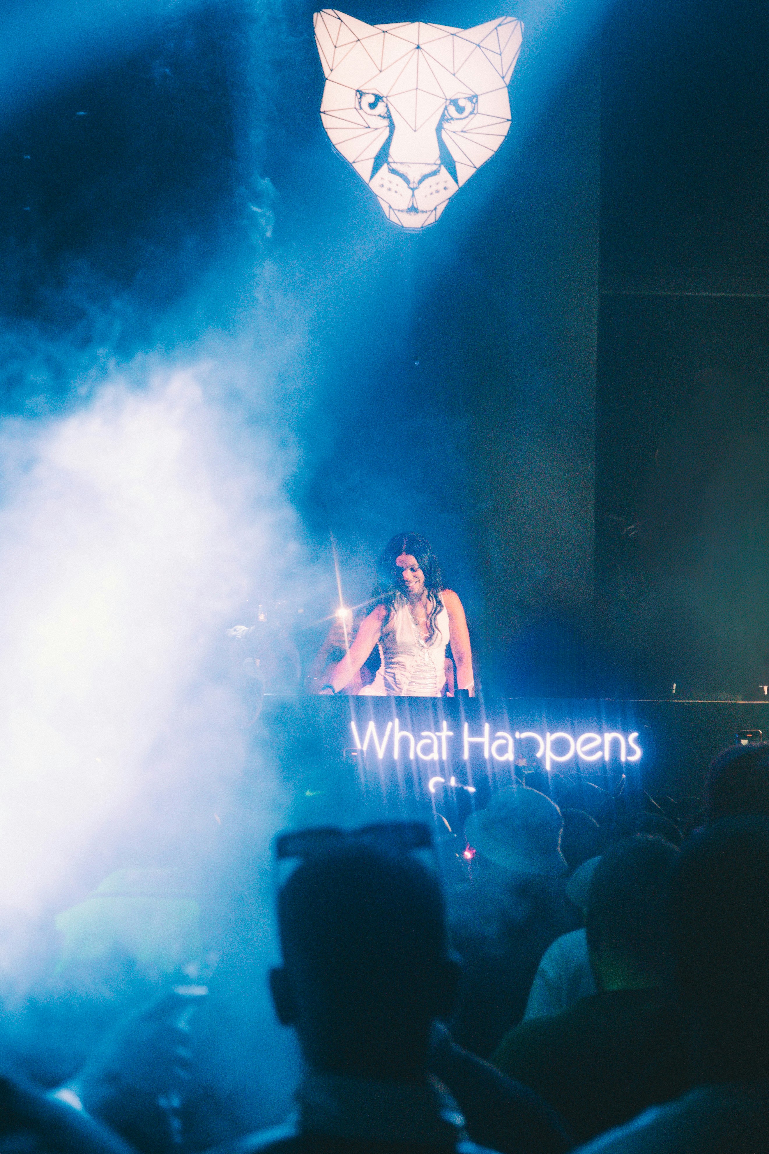 Geometric Leopard Over the Crowd: Neon Lights and Vapor