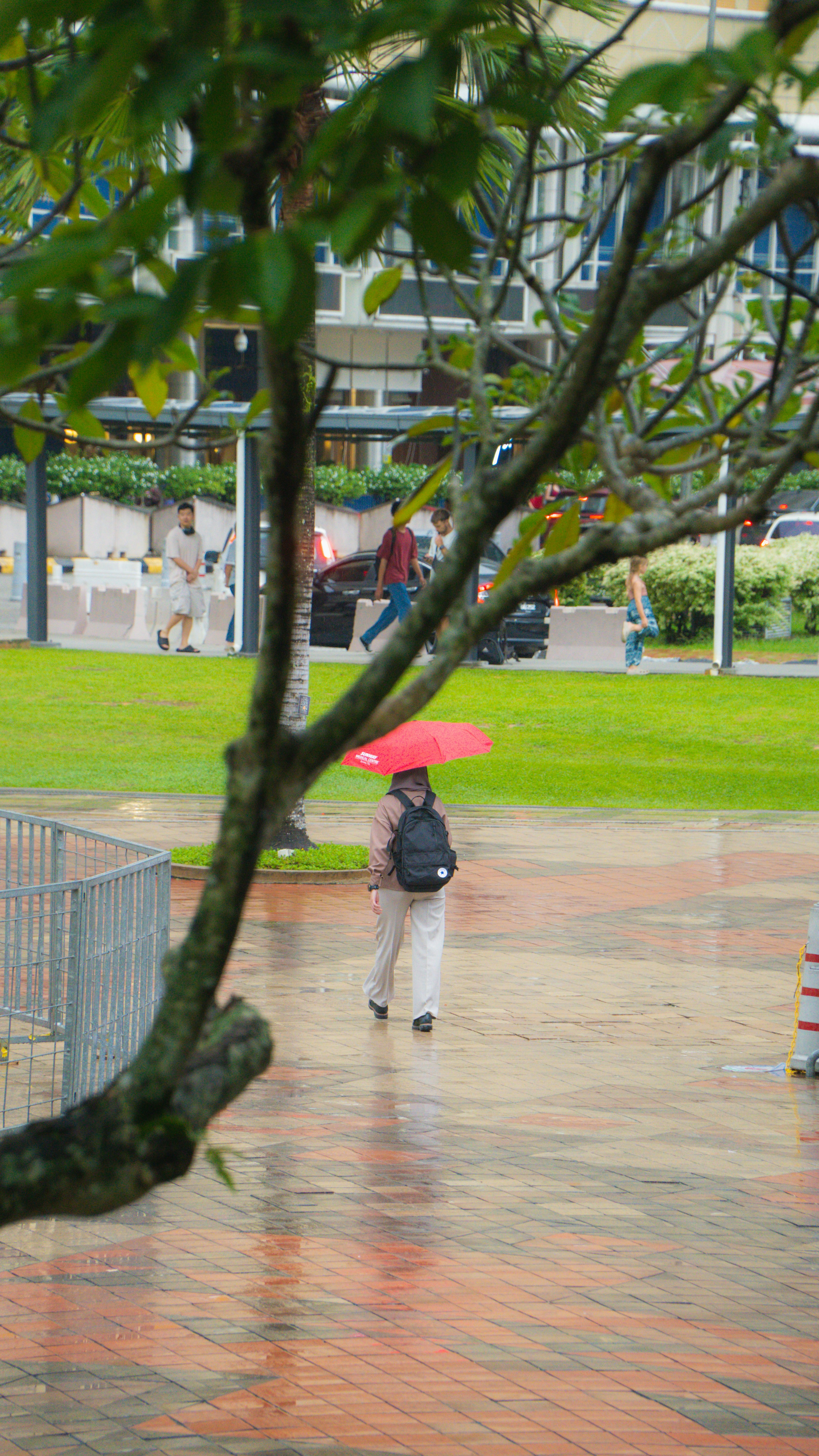 Red Umbrella and Quiet Figure: A Rainy Campus Walk