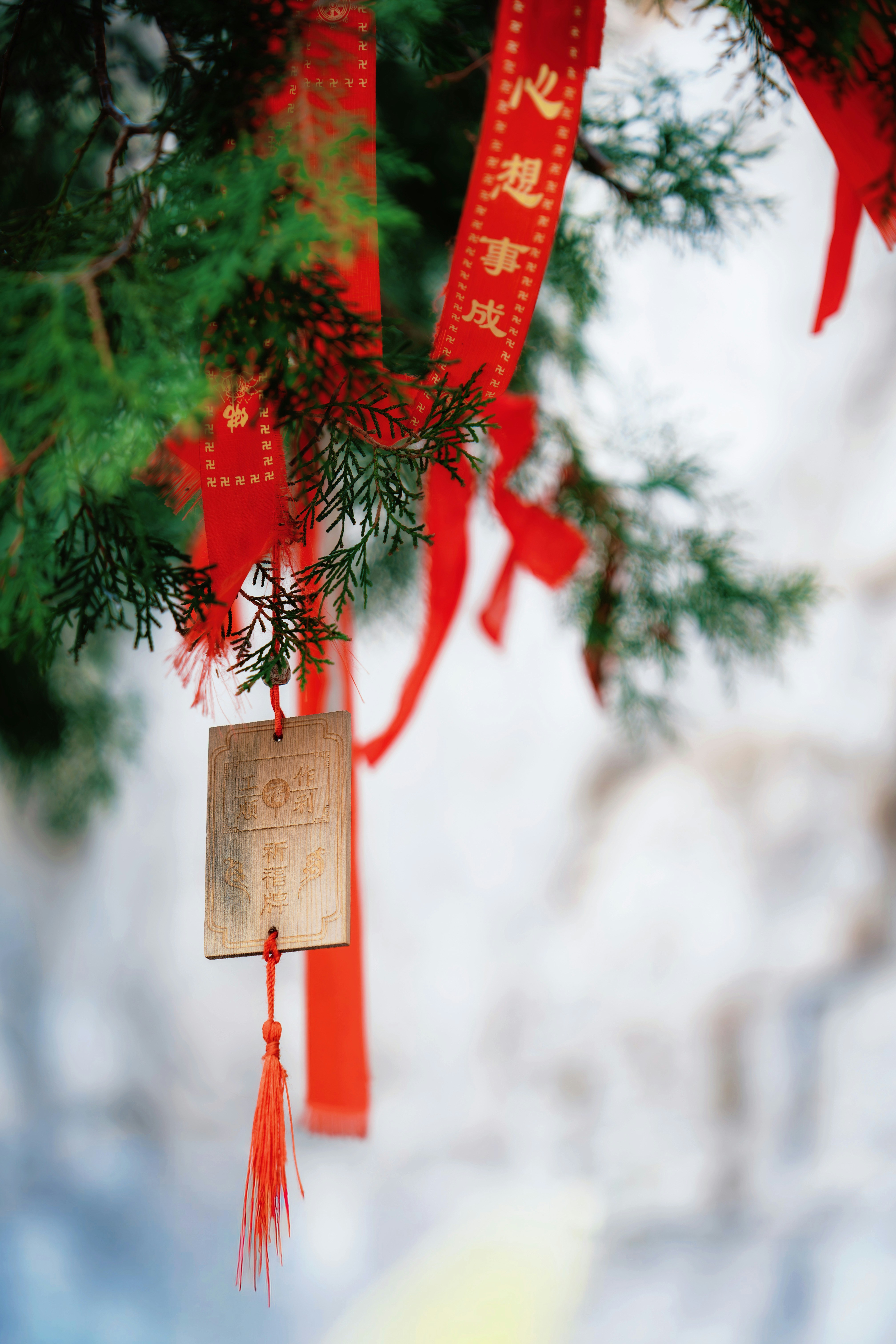 Scarlet Ribbons and a Wooden Talisman: A Quiet Festival Moment