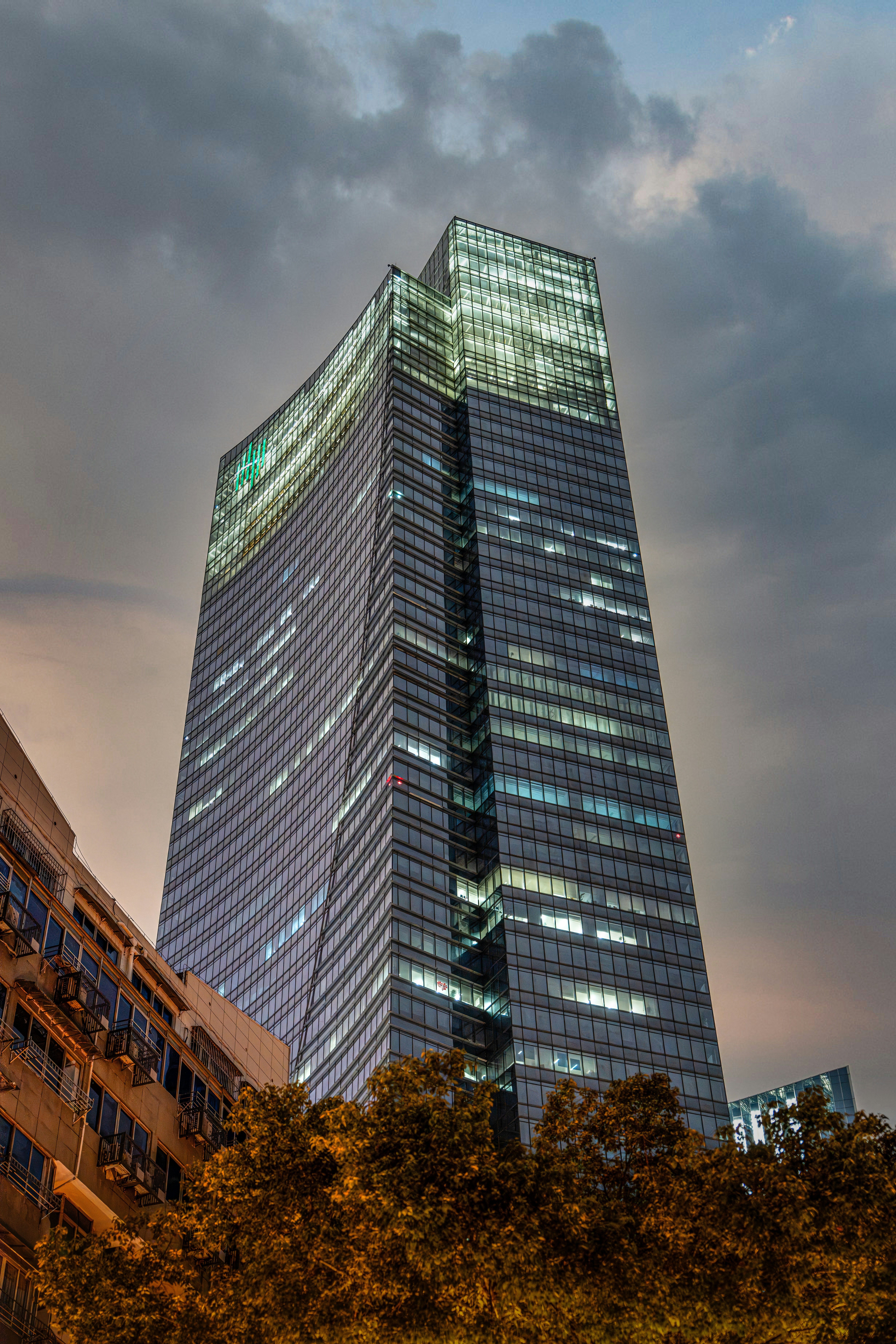 Skyline Summit: A Glass Tower Rising Beneath Evening Clouds