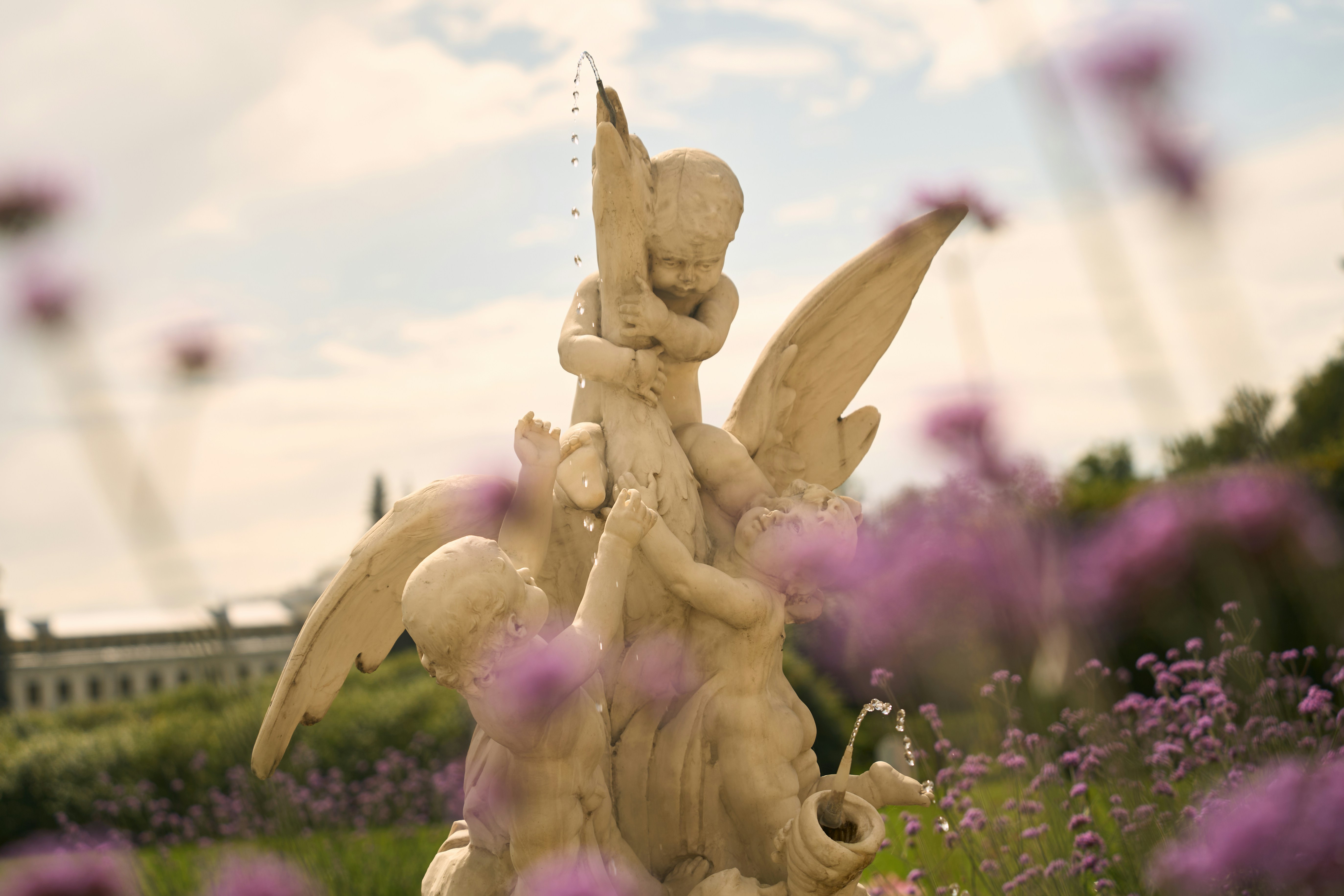 Guardian Angel of the Garden: A Marble Statue Amid Purple Blooms