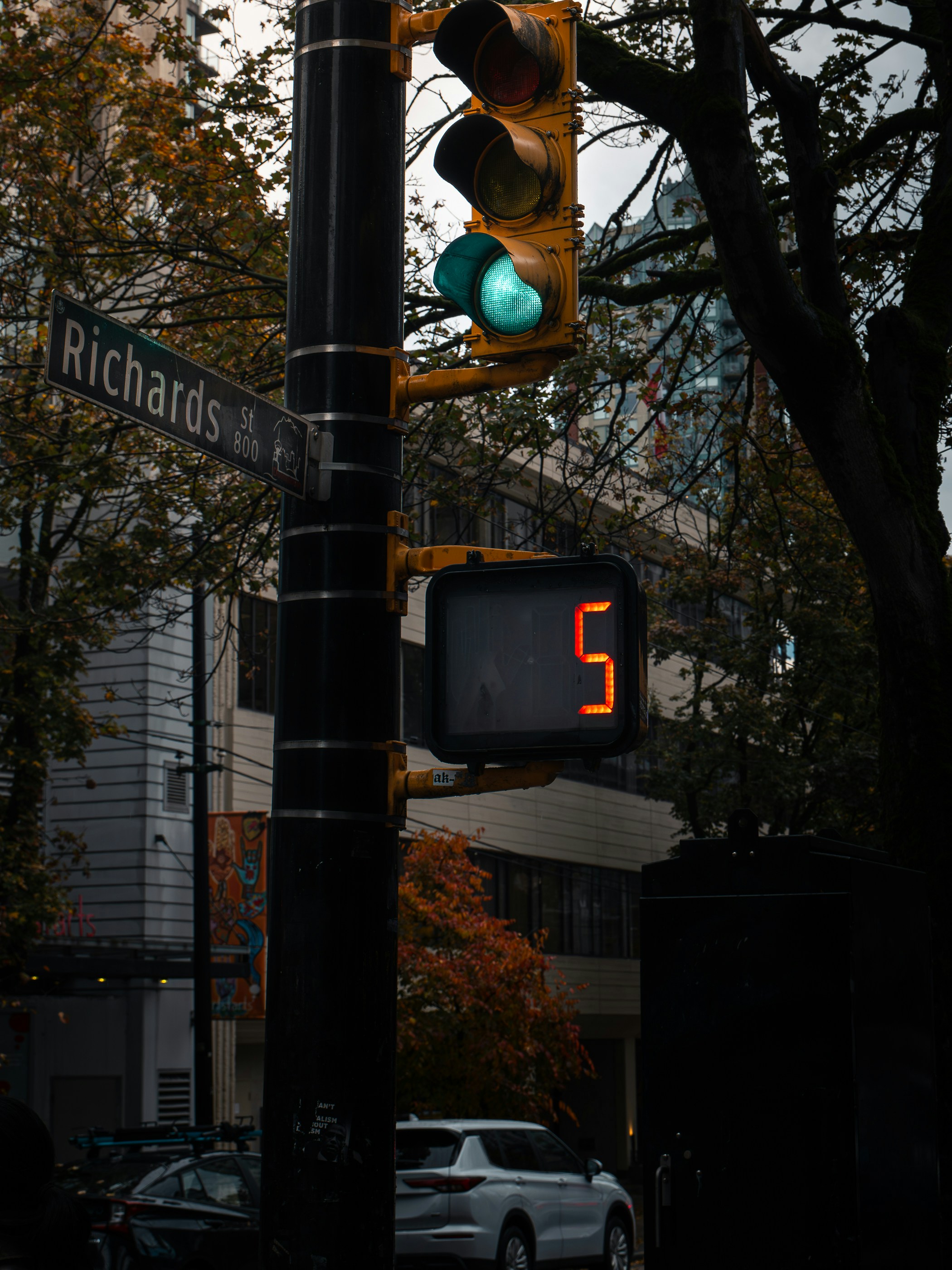 Countdown on Richards Street: A city traffic light glows beside a street sign amid autumn hues