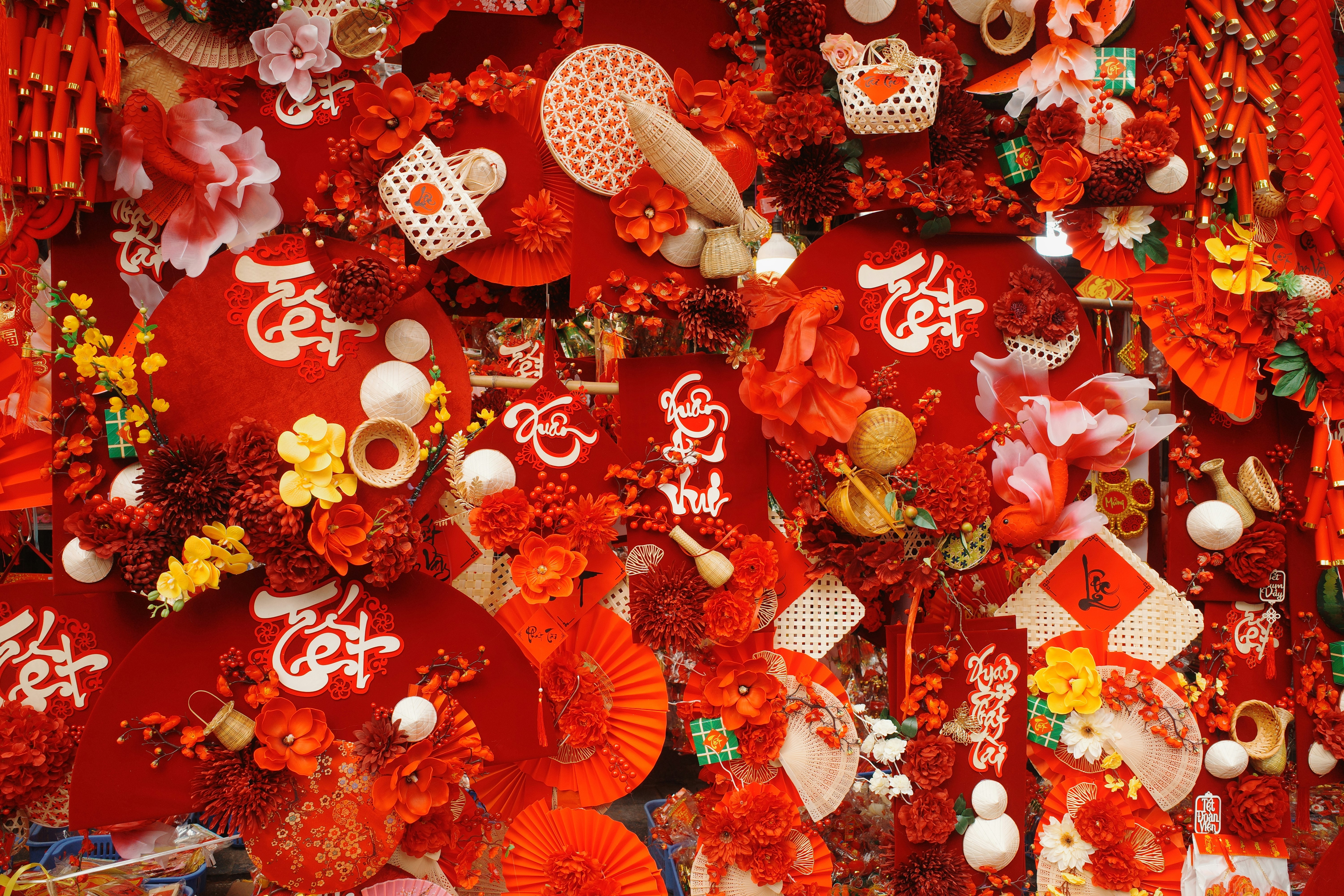 Vibrant Lunar New Year Ornaments in a Red-Clustered Display