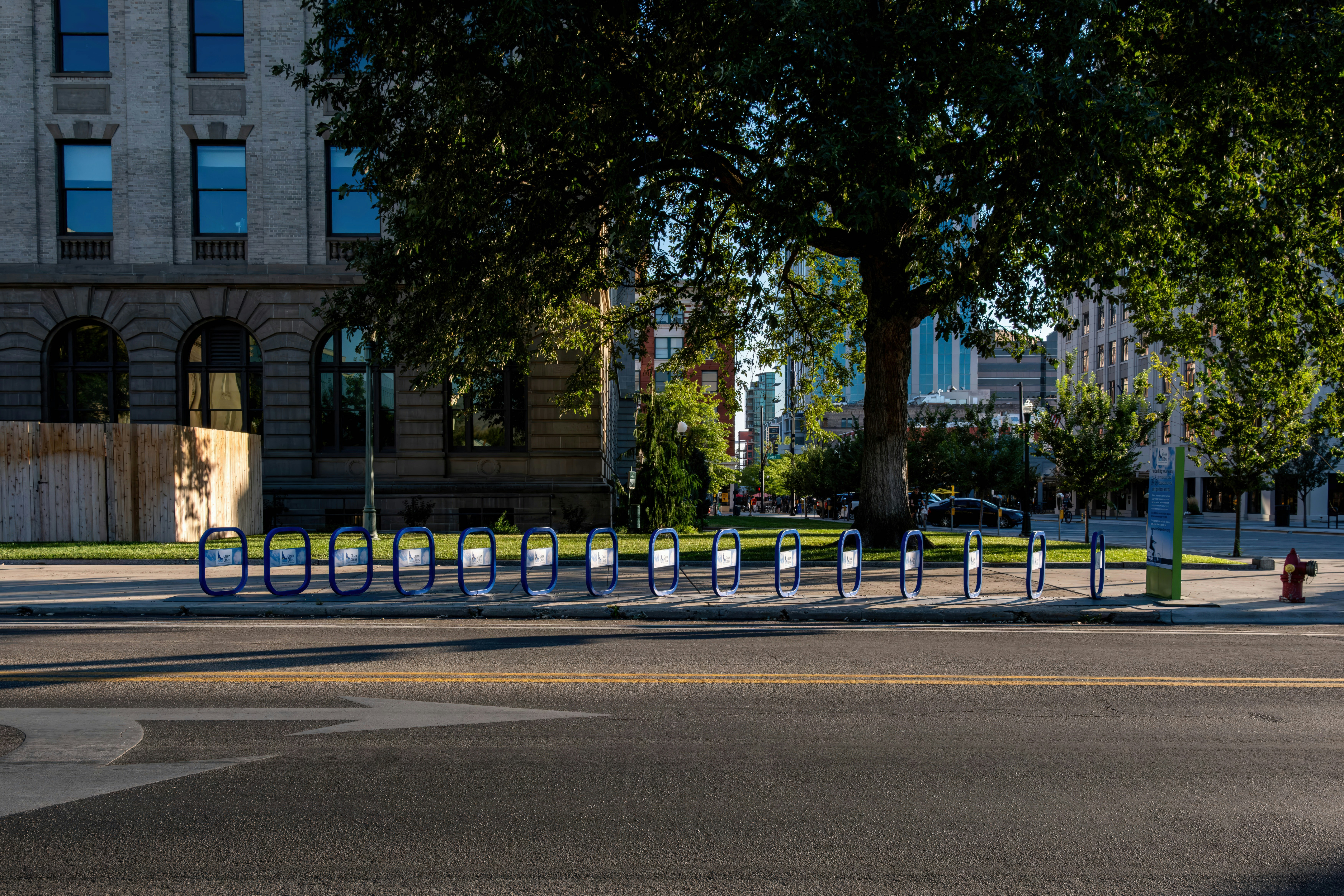 Urban curbside rhythm: blue bike racks and shadowed facade