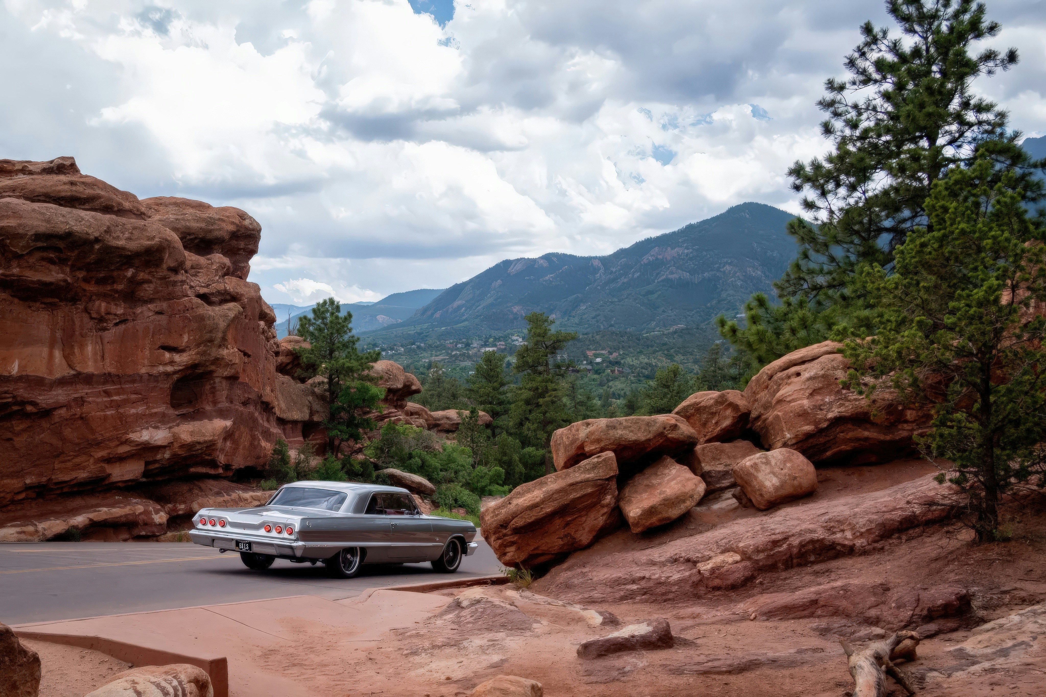 Retro Road Wanderer Among Red Quarry Cliffs