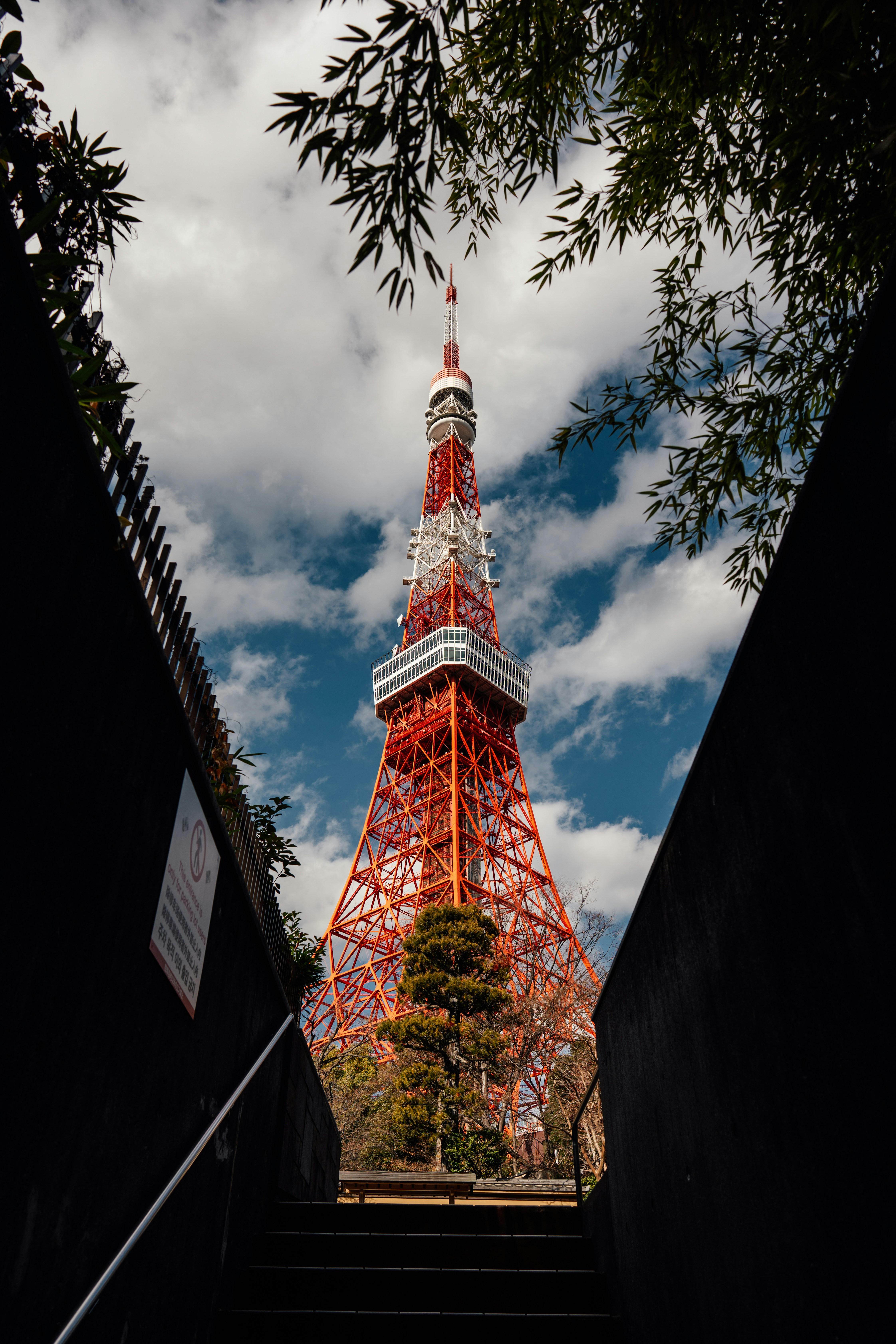 Tokyo Tower rises from the shadowed approach