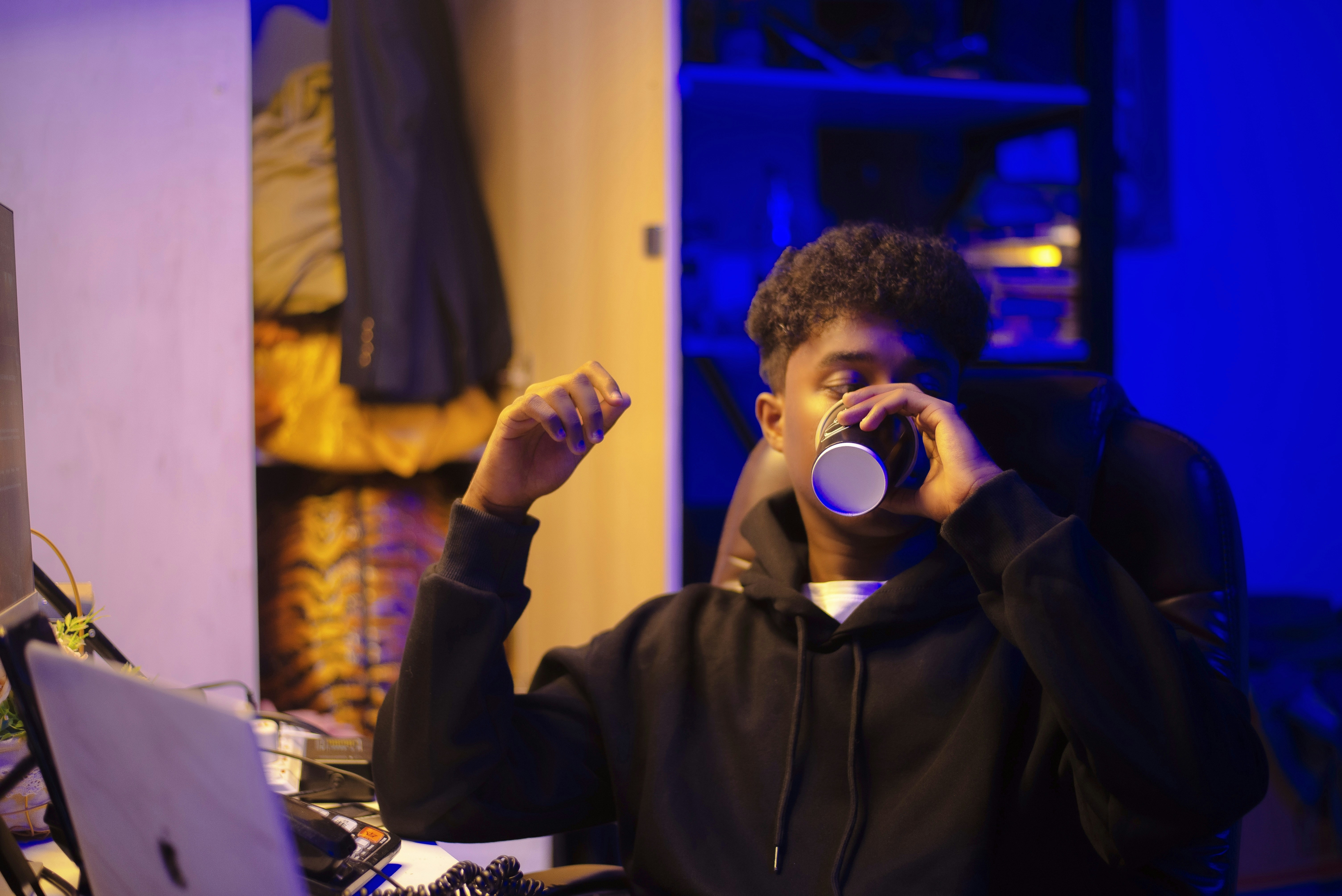 Midnight Brew: Focused Moment in a Neon-Cooled Studio