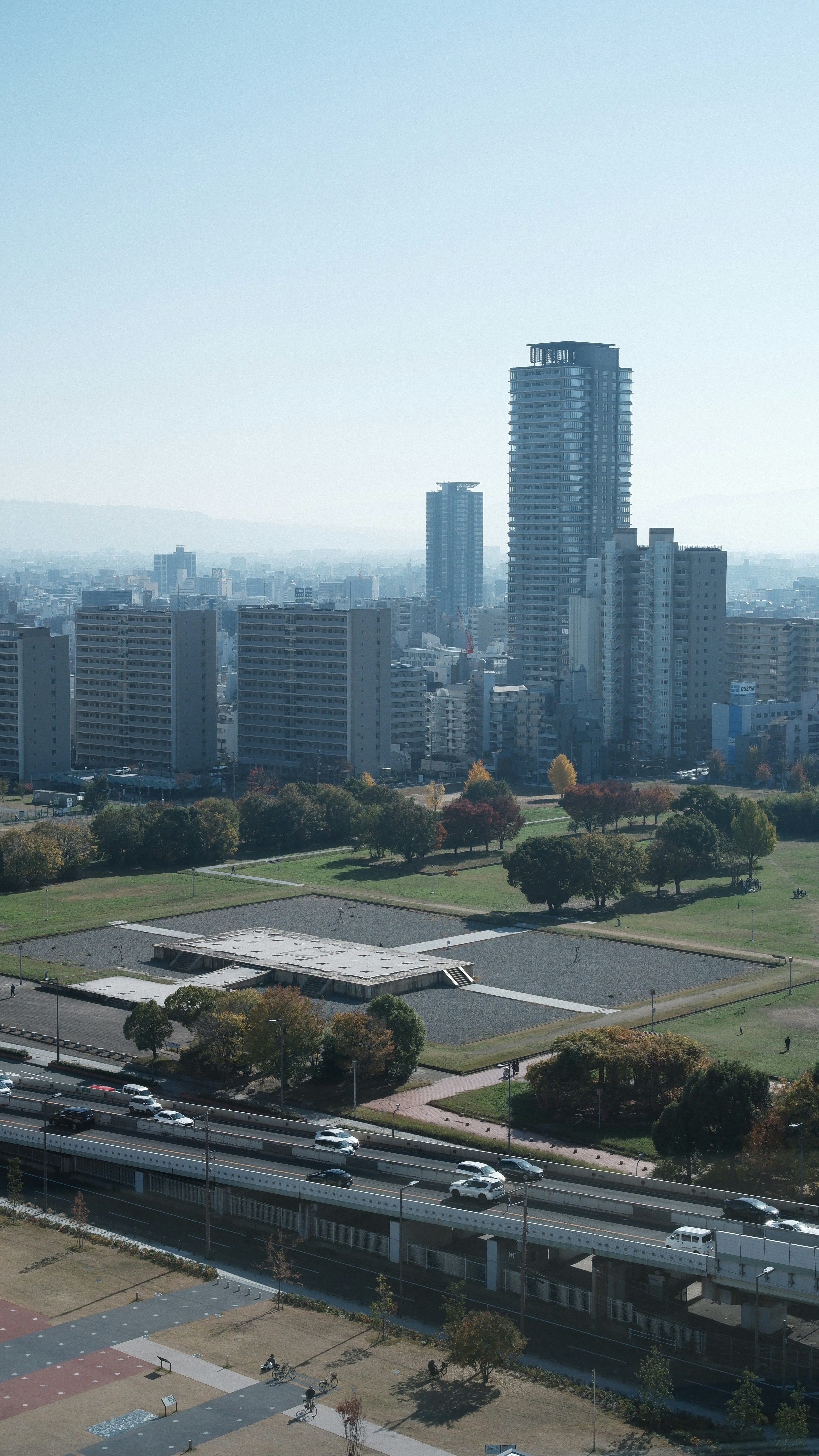 Urban horizon: glass towers and a sunlit park
