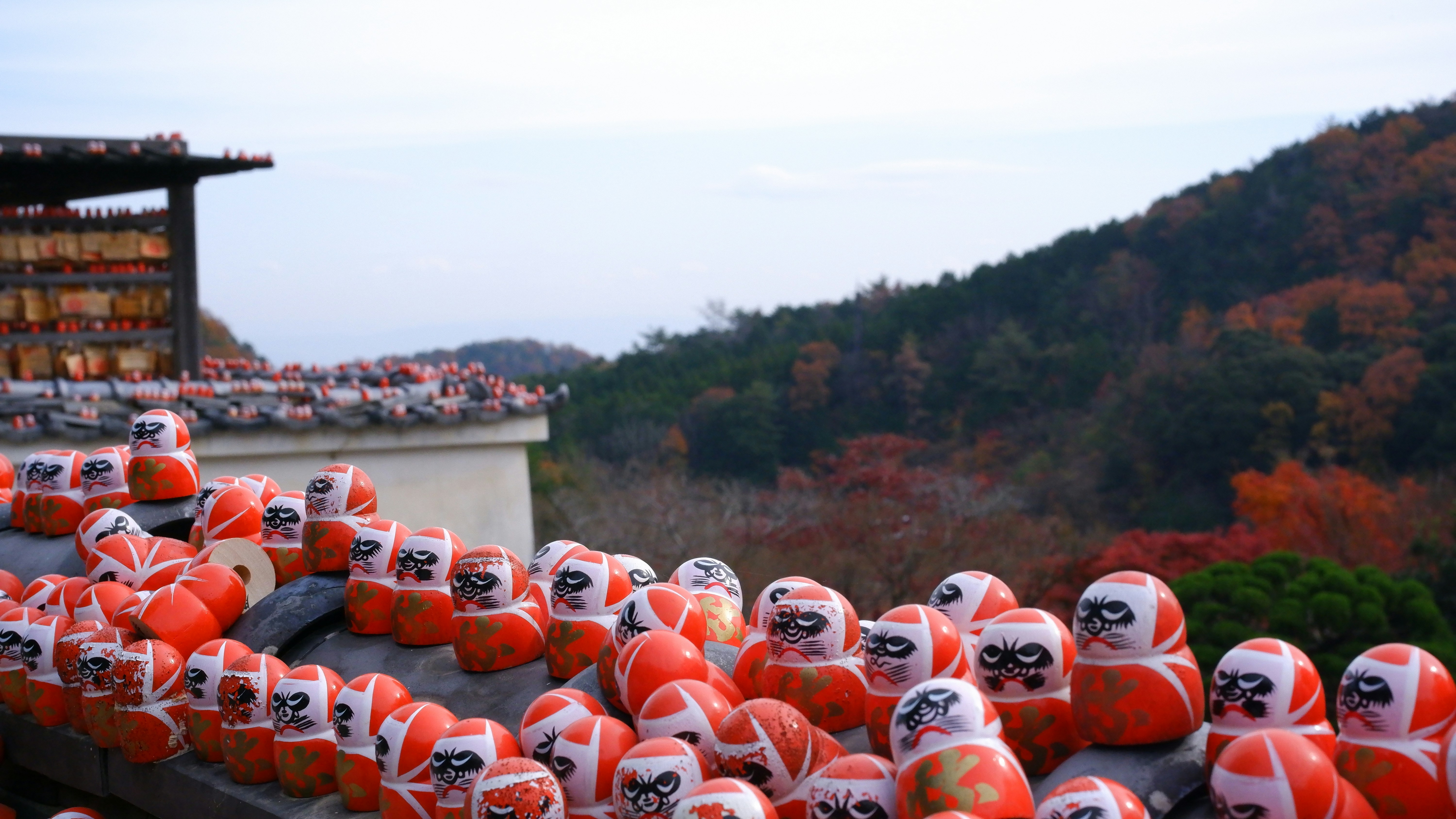 Terracotta Lantern Sea: A Courtyard of Daruma with Autumn Hills