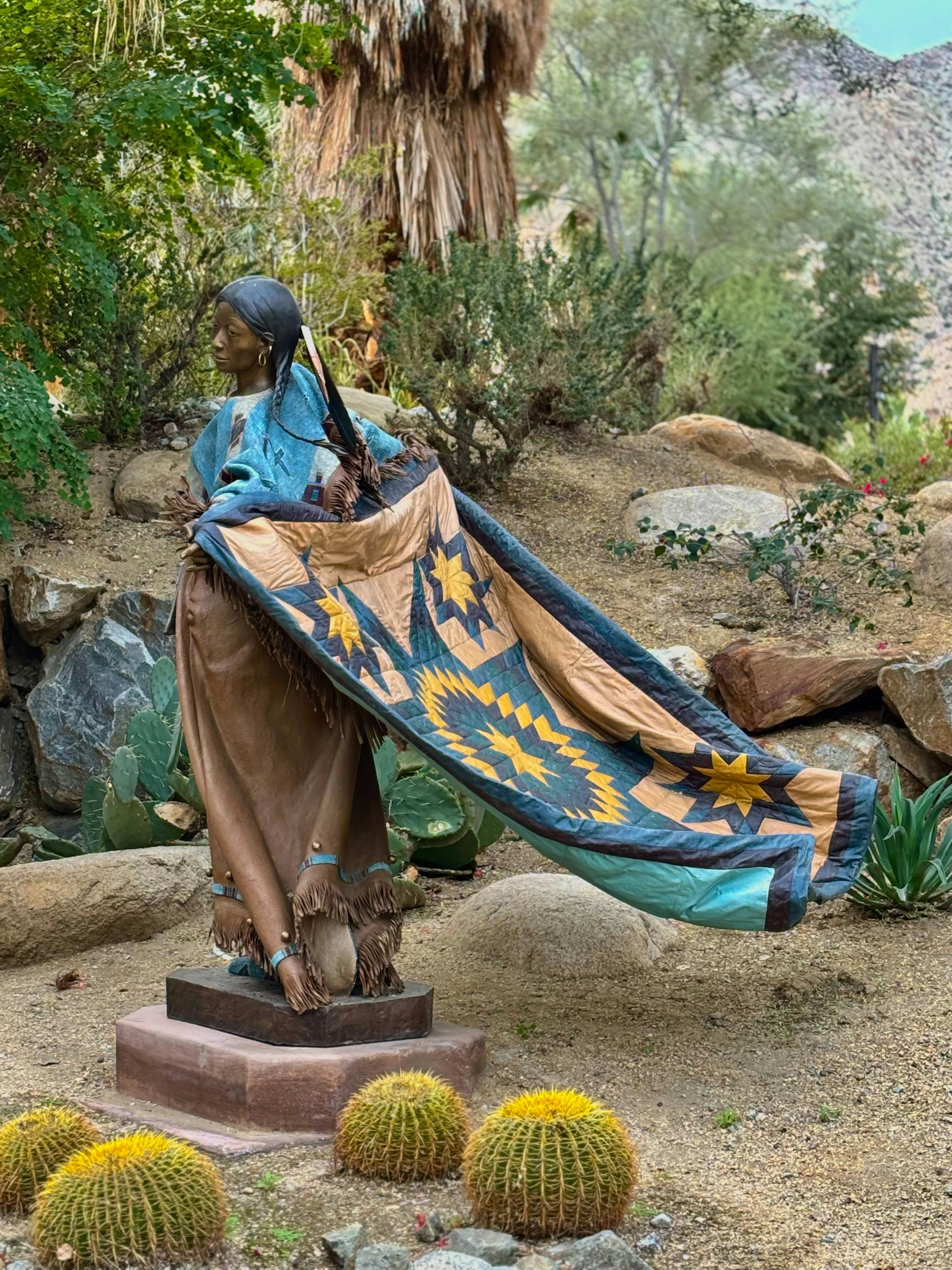 Desert Garden Whispers: A Cloaked Figure with a Woven Banner