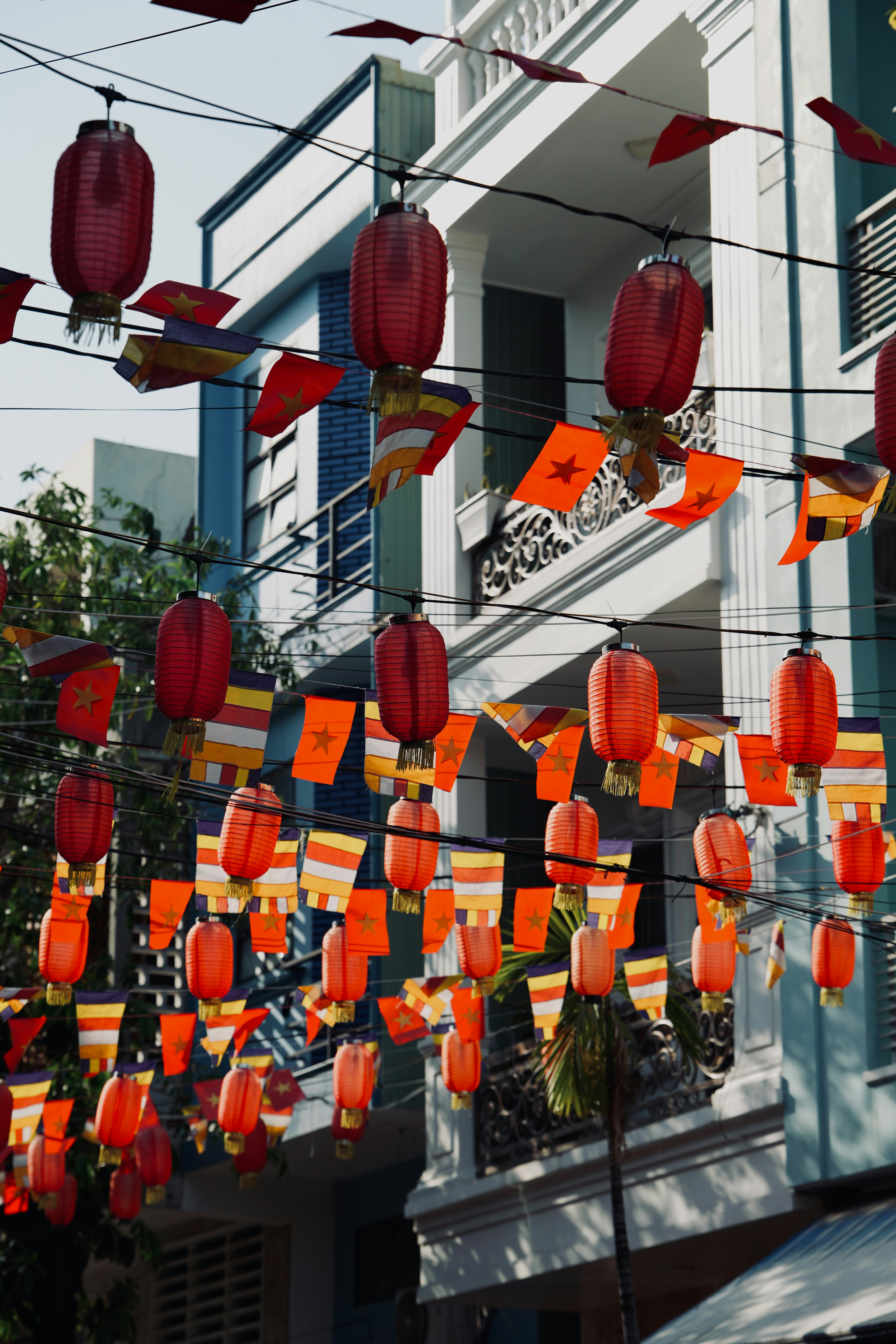 Lanterns and Flags: A Festive Street Vista