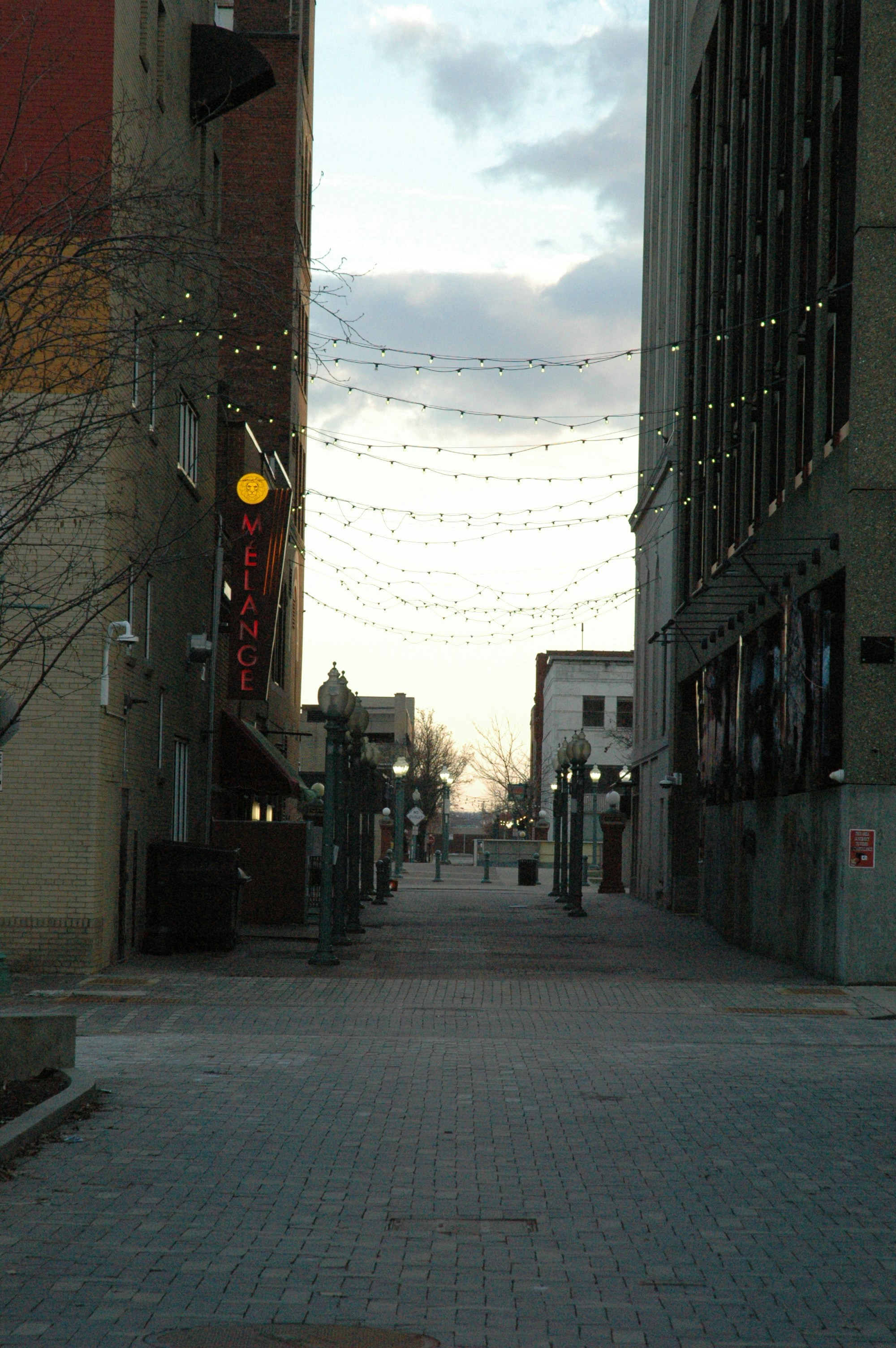 String Lights Over a Quiet City Alley