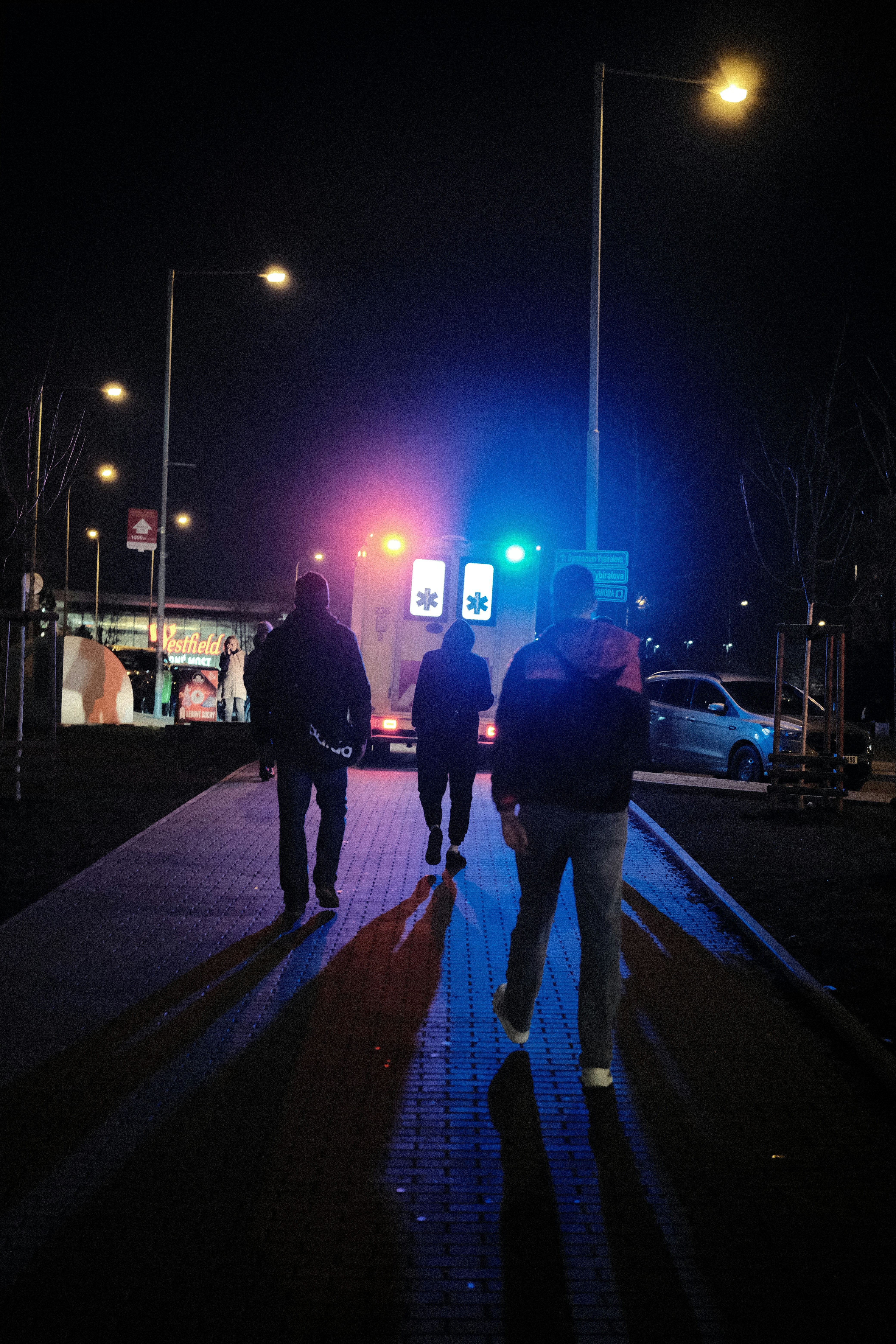 Blue and Red Lights Along a Night Pedestrian Path
