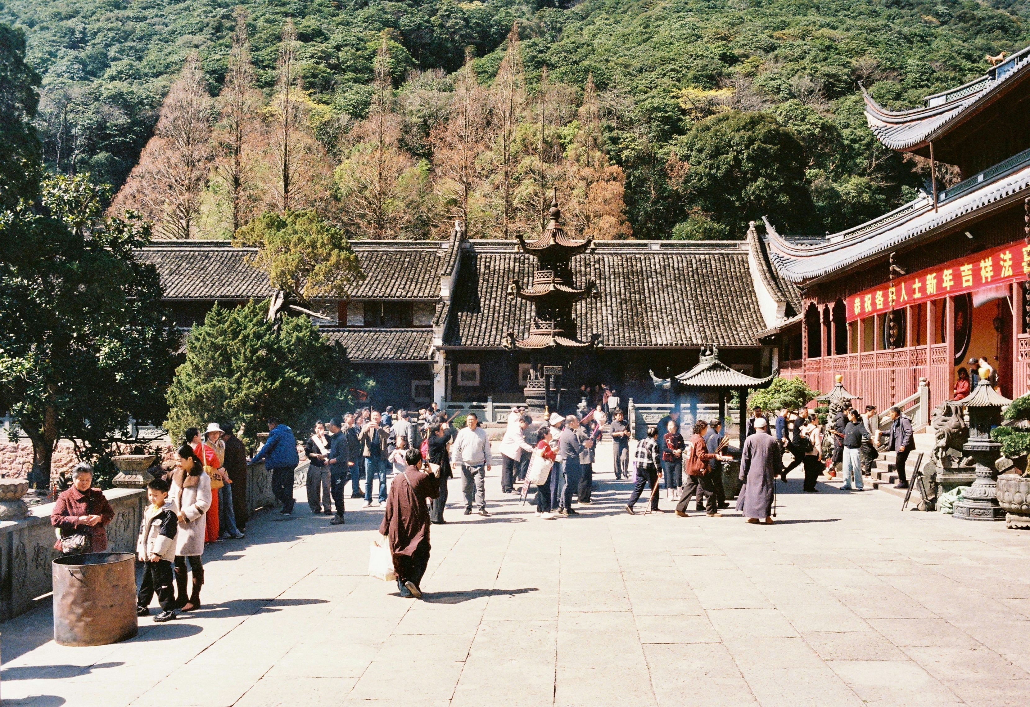 Crowd of Visitors at an Ancient Temple Courtyard