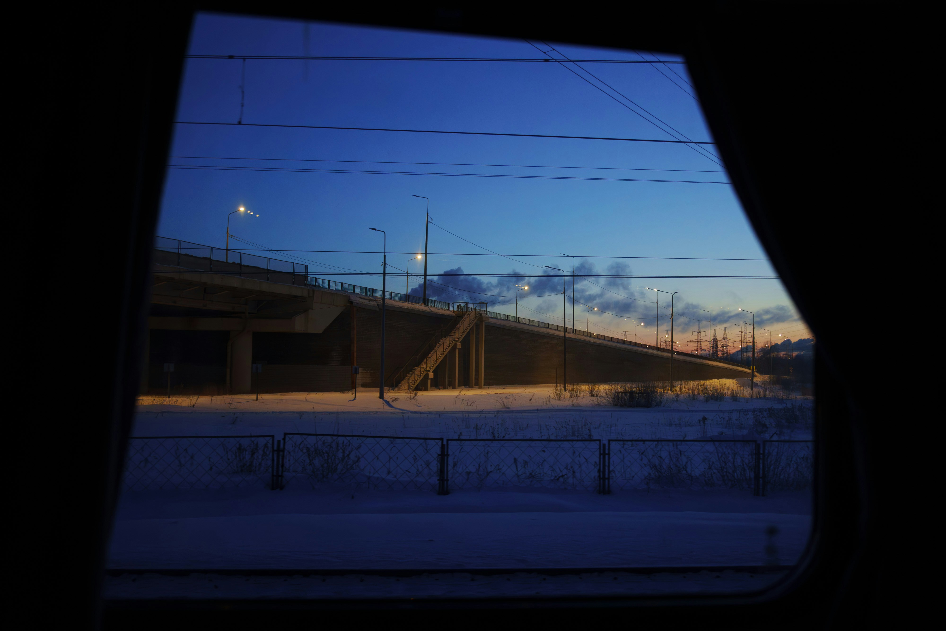 Train Yard Window at Blue Hour Light