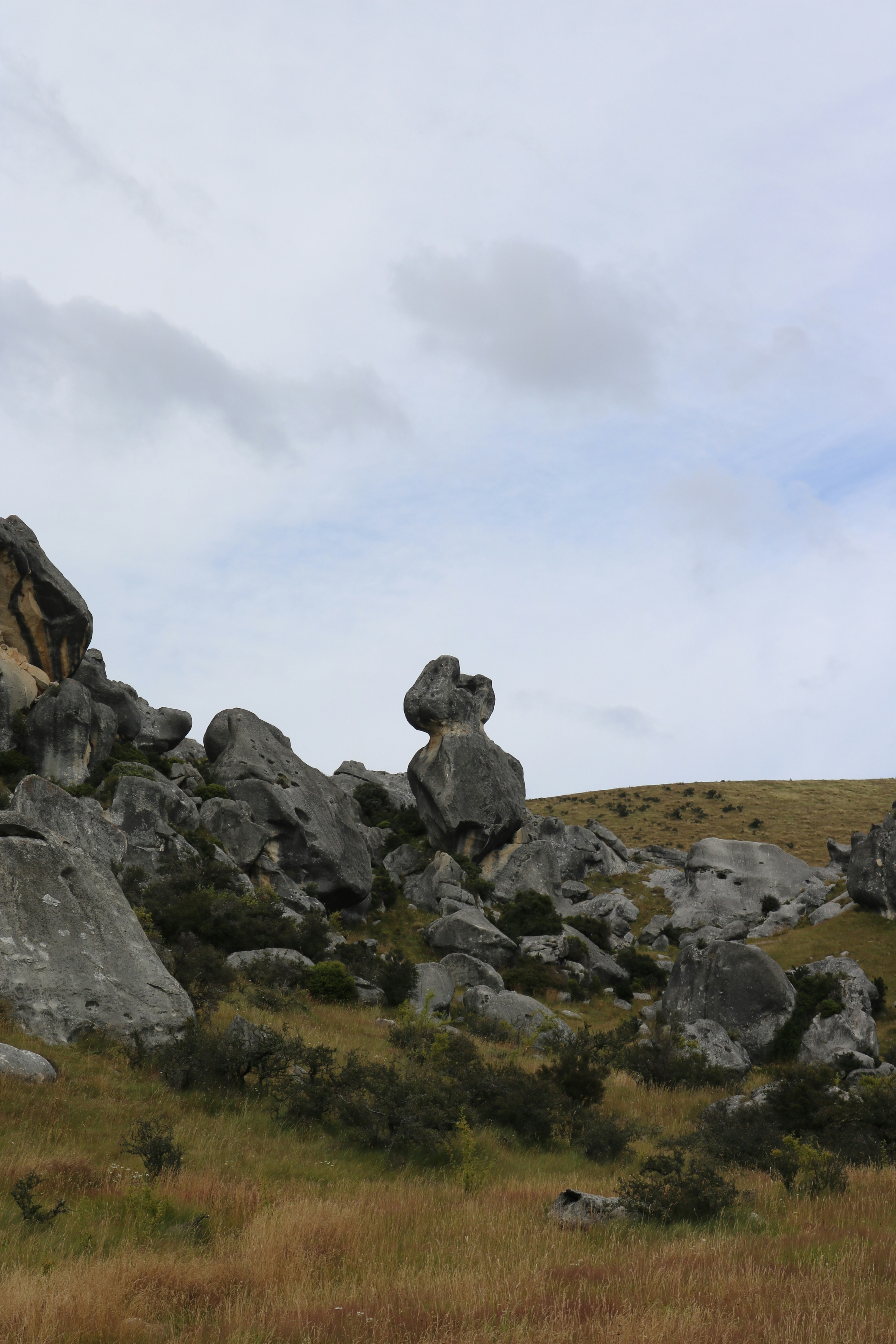  Balanced rock forms a sentinel amid rolling grass and weathered boulders