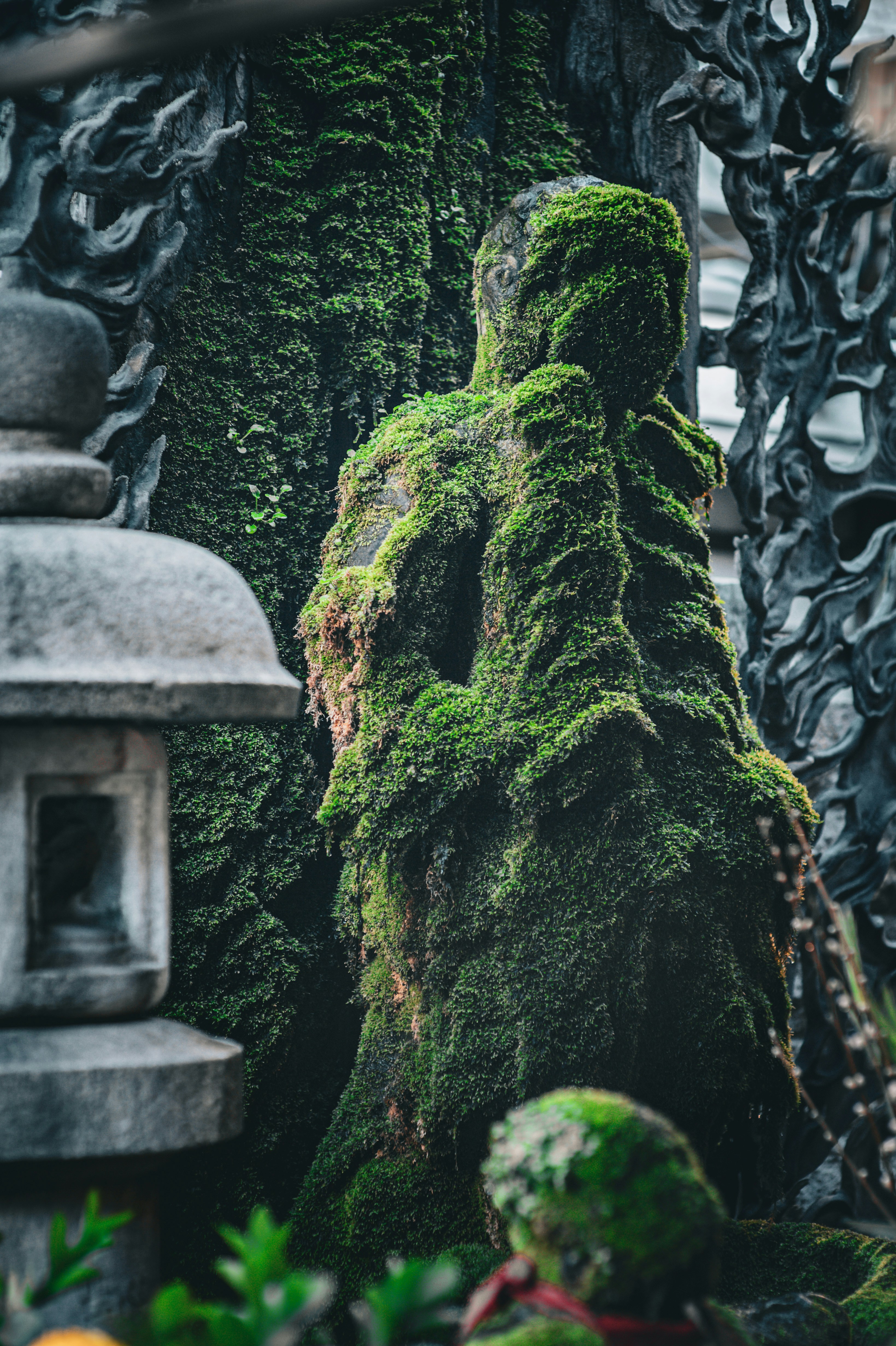 Moss-Covered Sentinel Amid Ancient Carvings