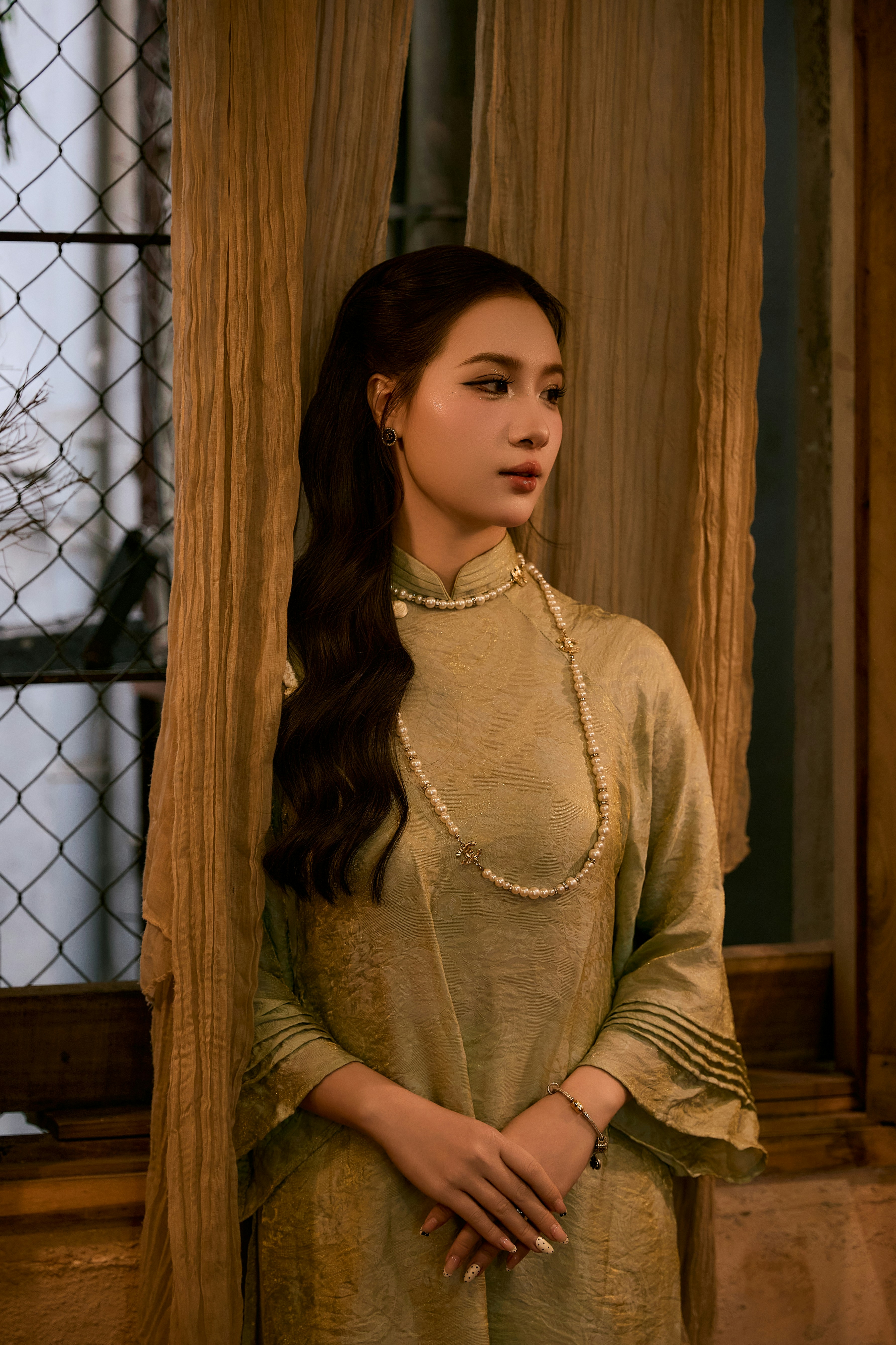 Muted Grace: Portrait with Silk and Pearl