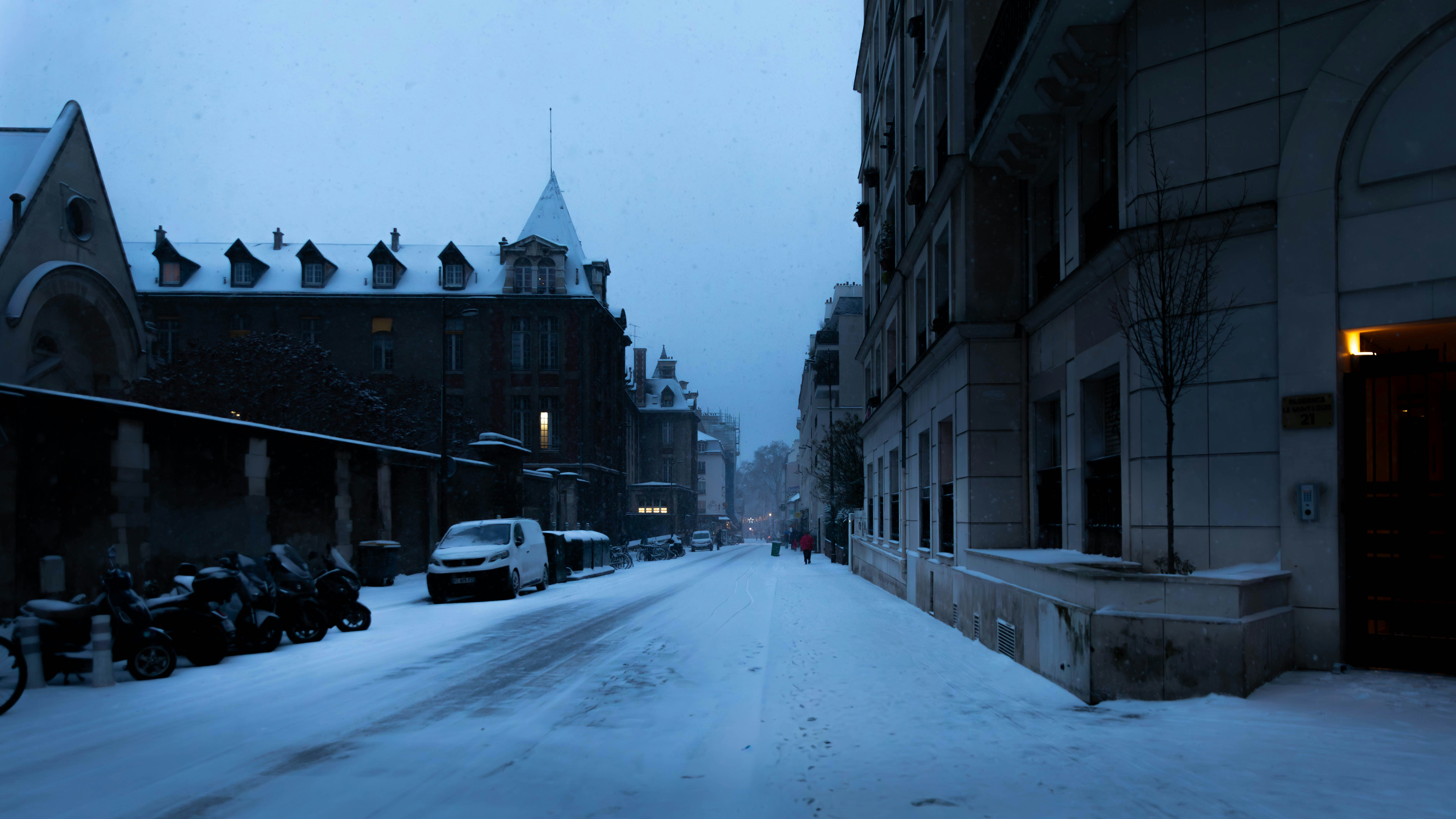 Snowbound Avenue: A Quiet Rooftop-Quiet City Street in Blue Hour