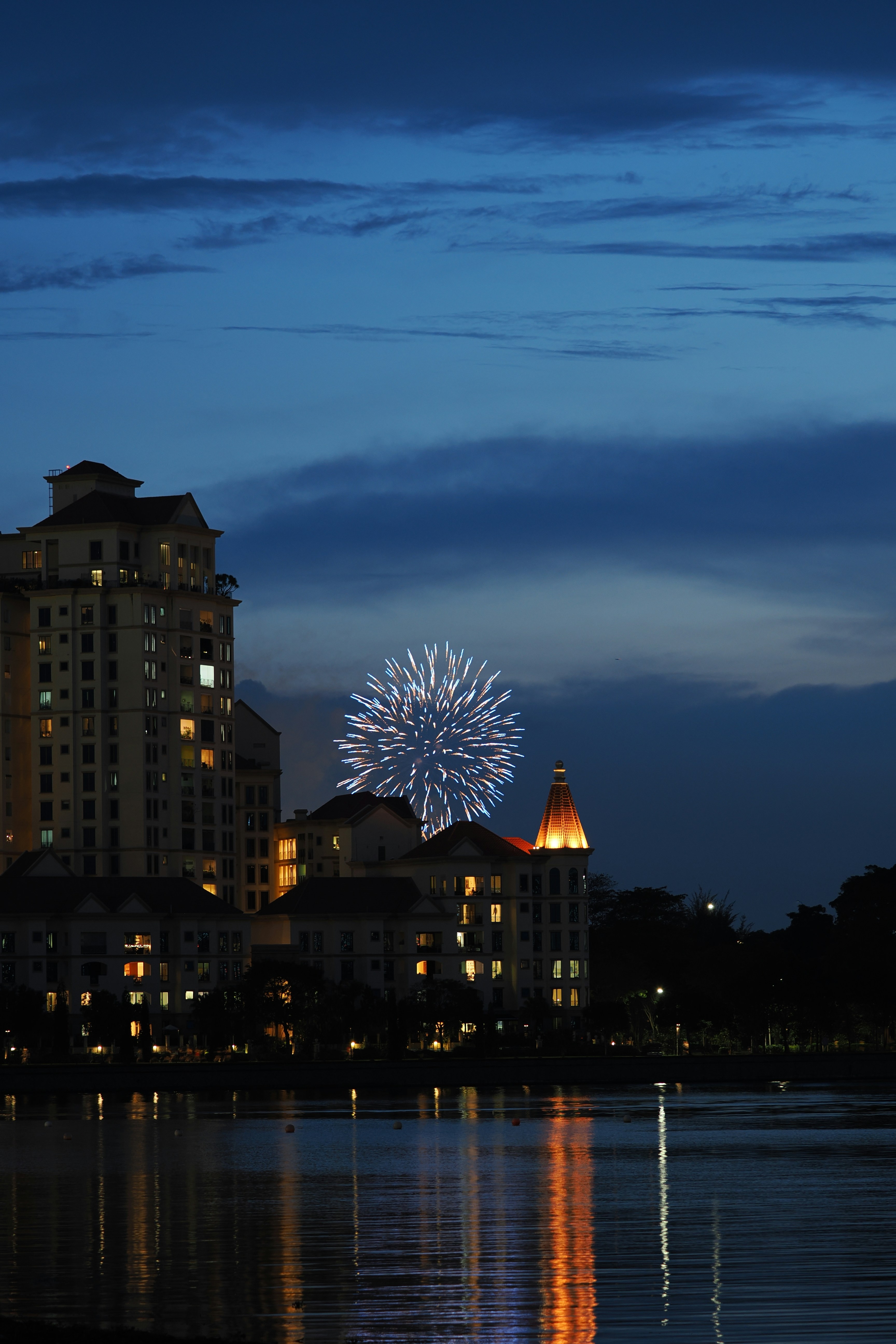 Firework over a coastal city skyline