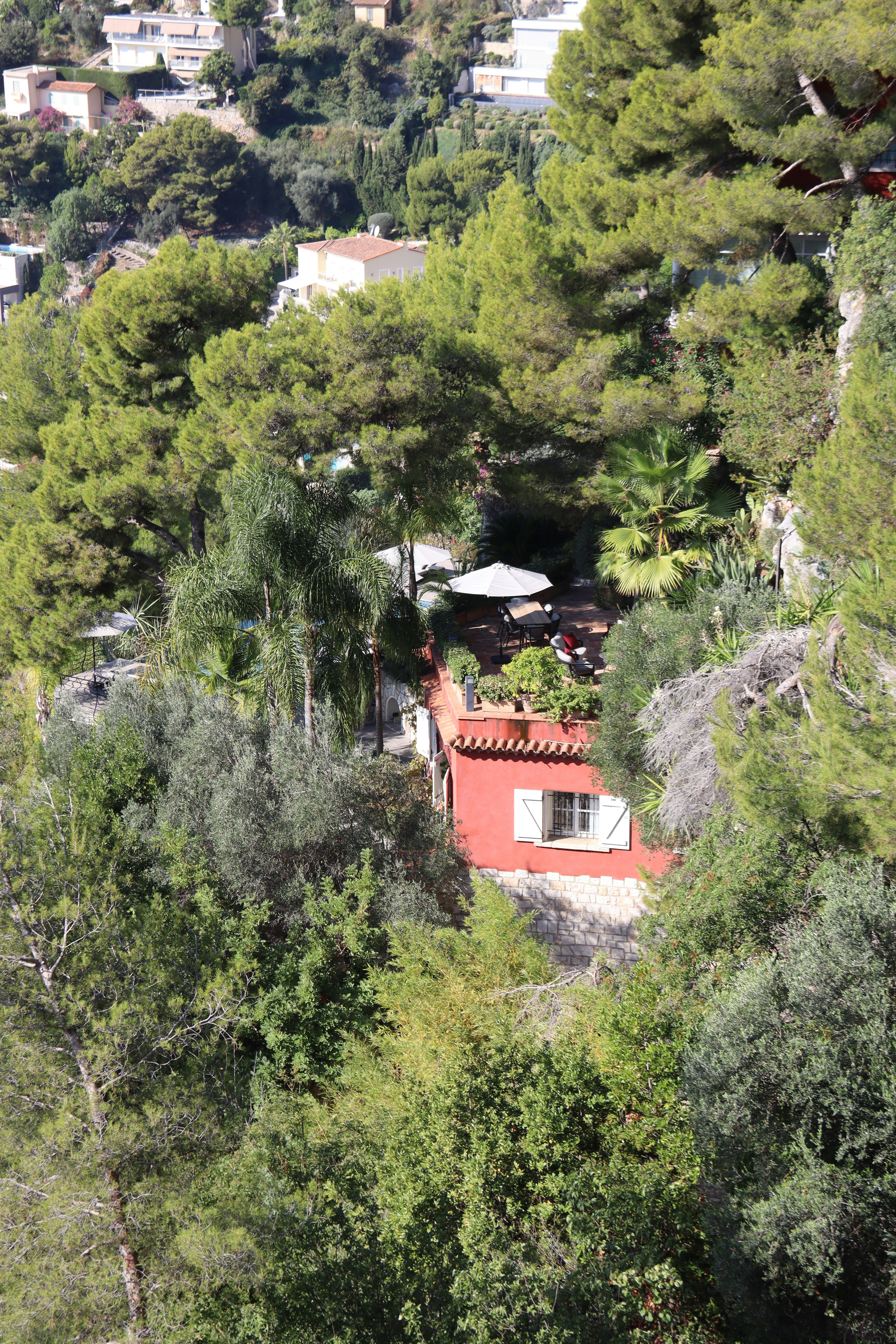 Red villa tucked among pine shadows near sunlit terrace