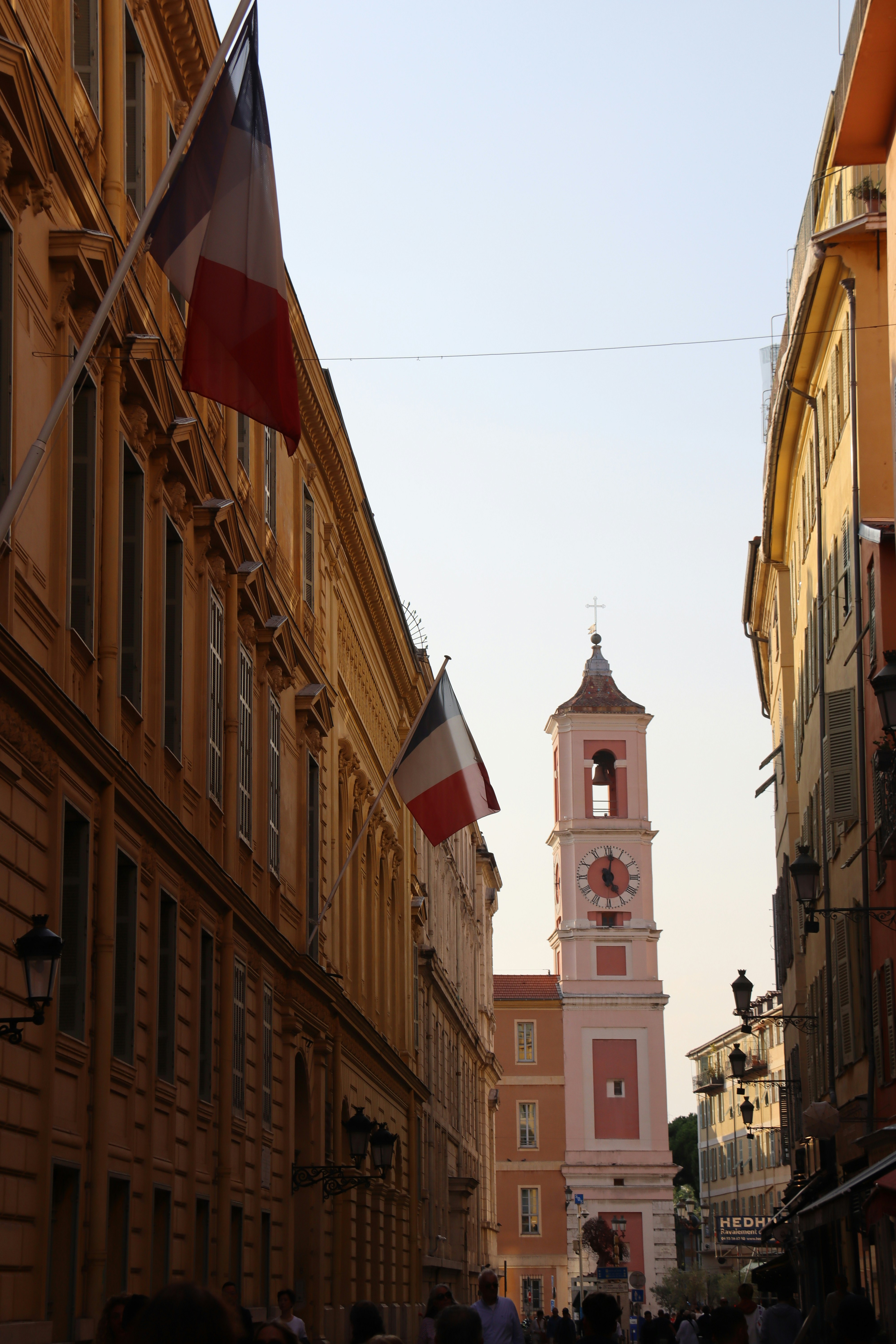 French Clocktower in a Sunlit Street