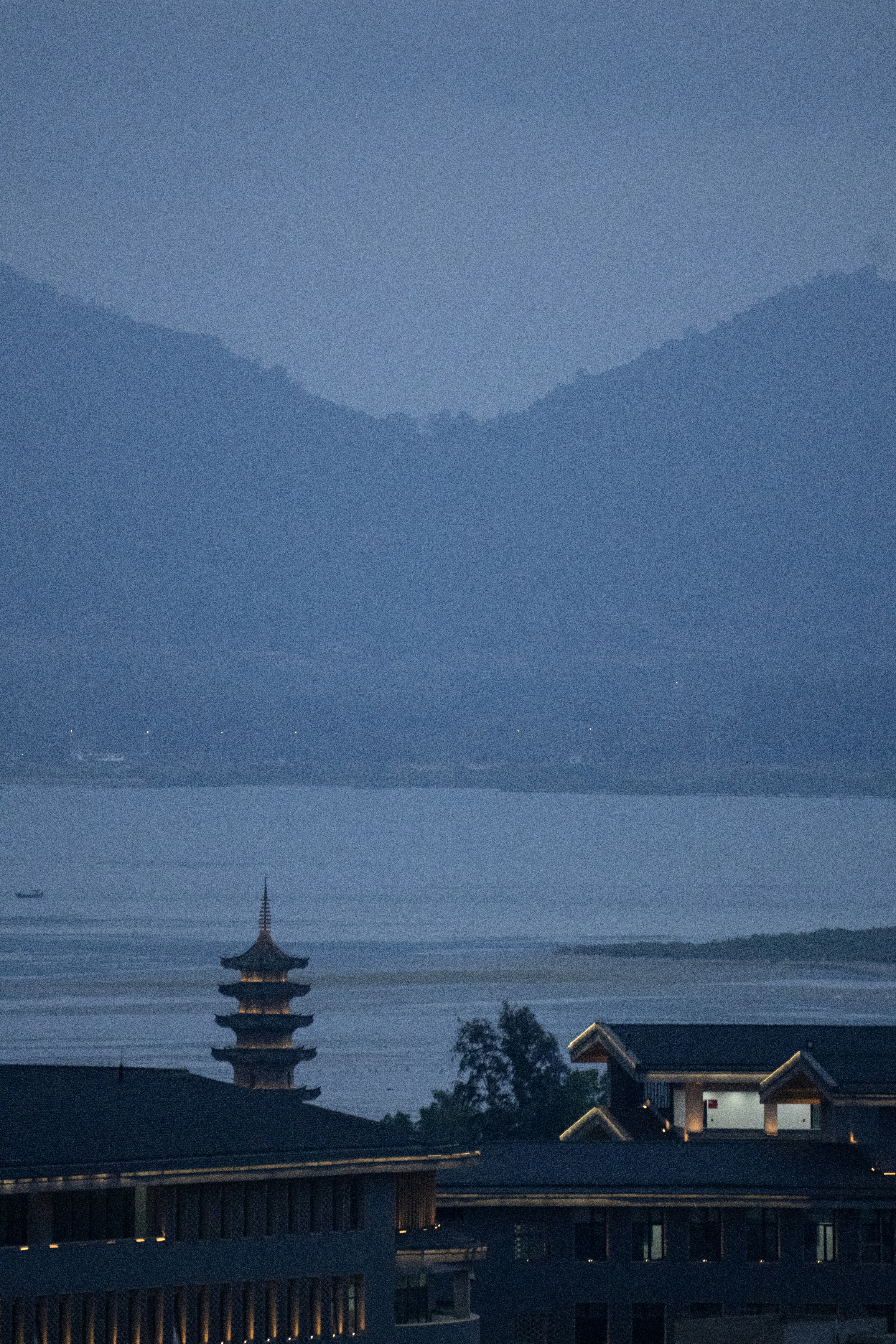 Moonlit Lake Overlook with Pagoda Spire