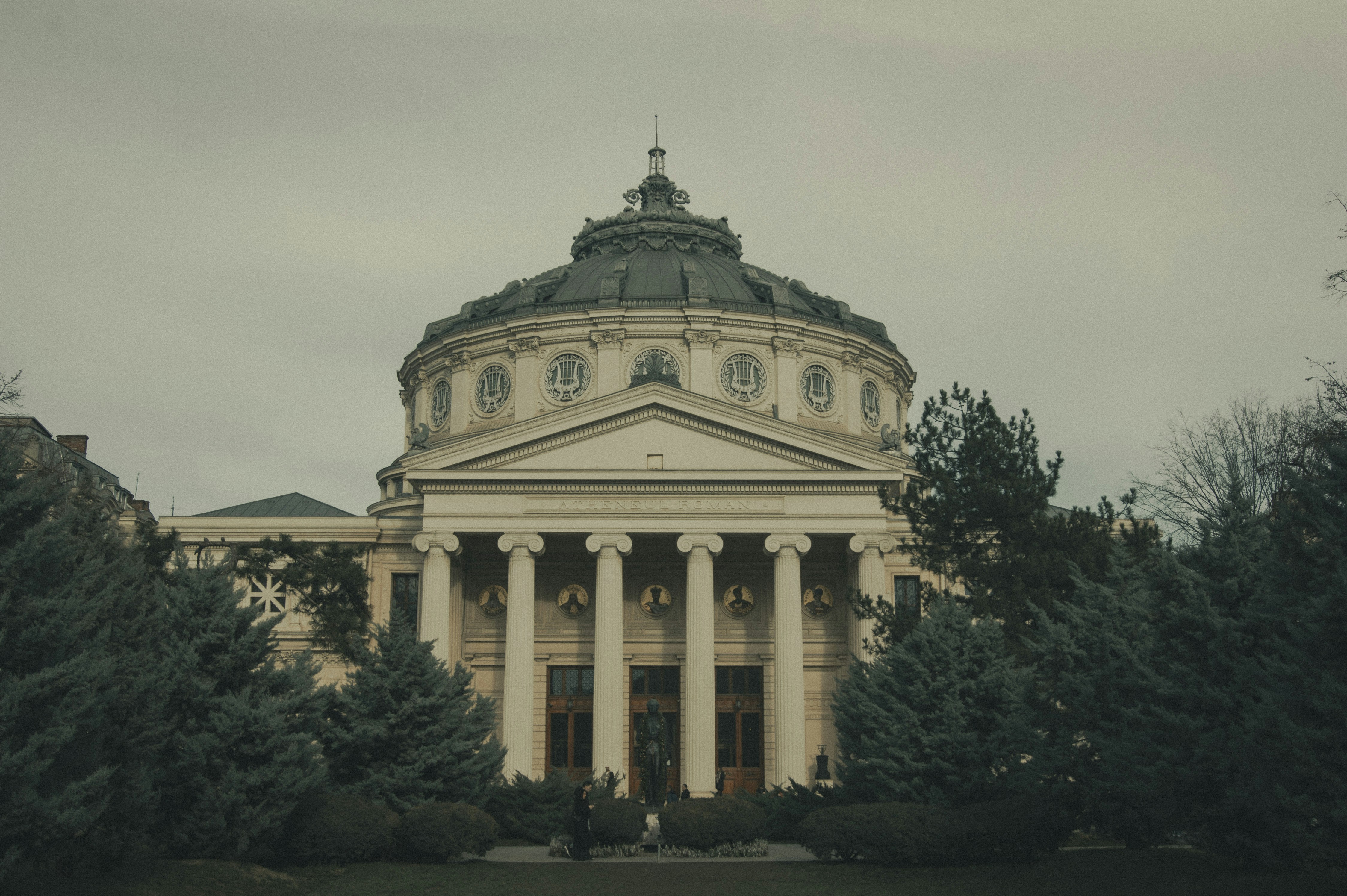 Neoclassical Rotunda Framed by Evergreen Veil