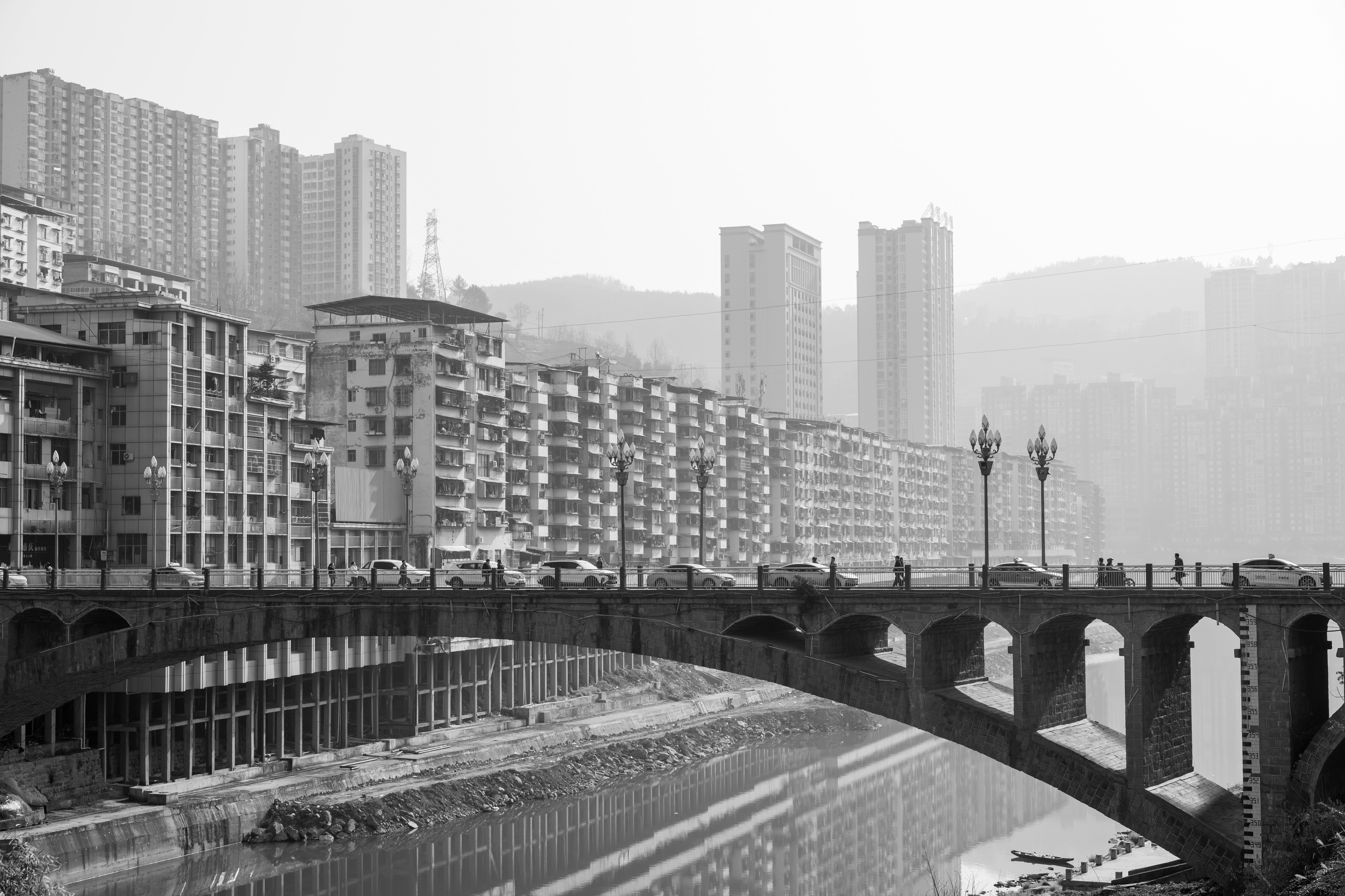 Urban Bridge over a River: Monochrome City Symmetry